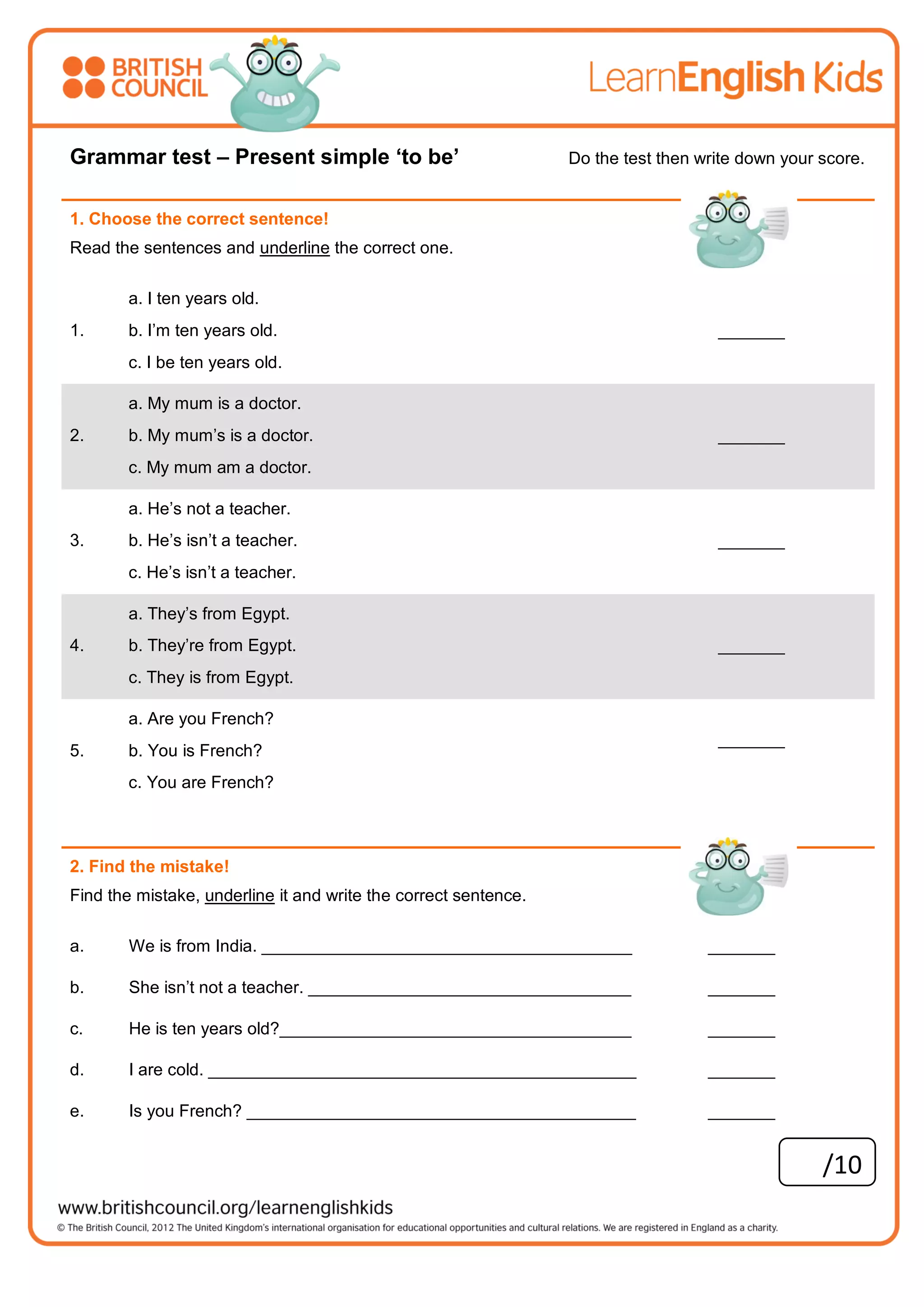 Grammar test present-simple-to-be-final | PDF | Standardized Testing ...