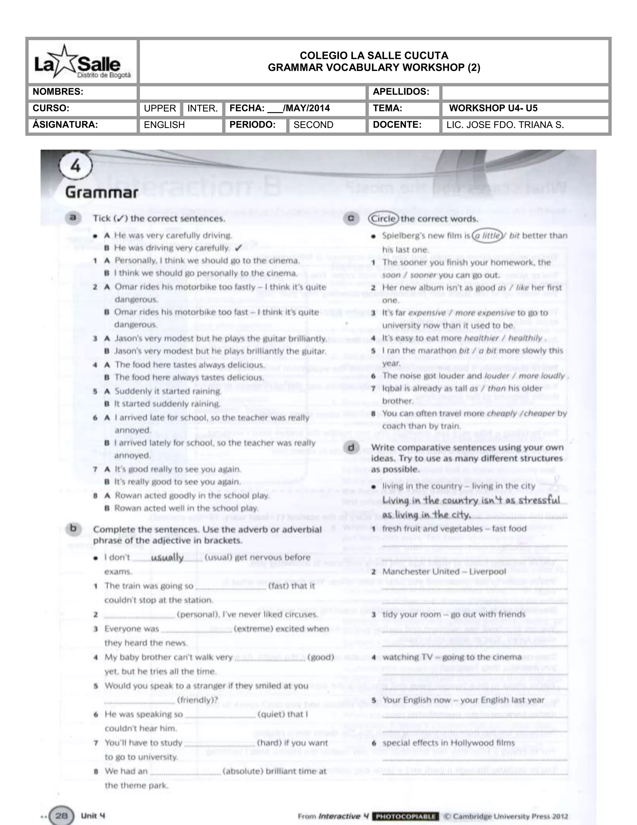 Grammar vocabulary workshop w2 2 p b+ | DOCX | Education