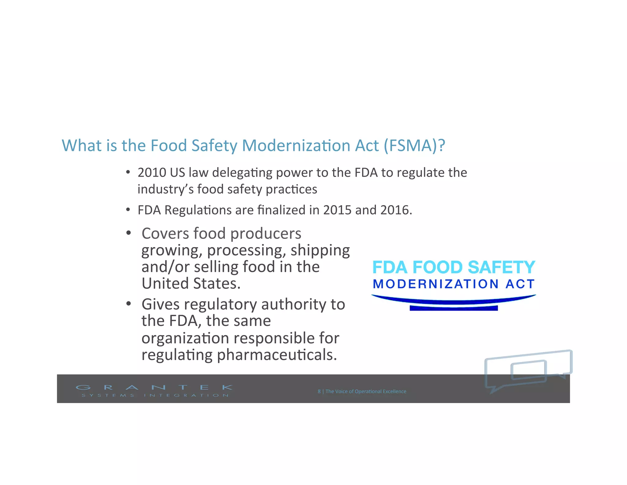Food Safety Modernization Act (FSMA) regulatory requirements by FDA | PDF