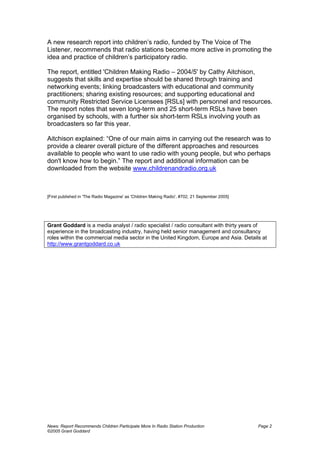 'News: Report Recommends Children Participate More In Radio Station Production' by Grant Goddard ...