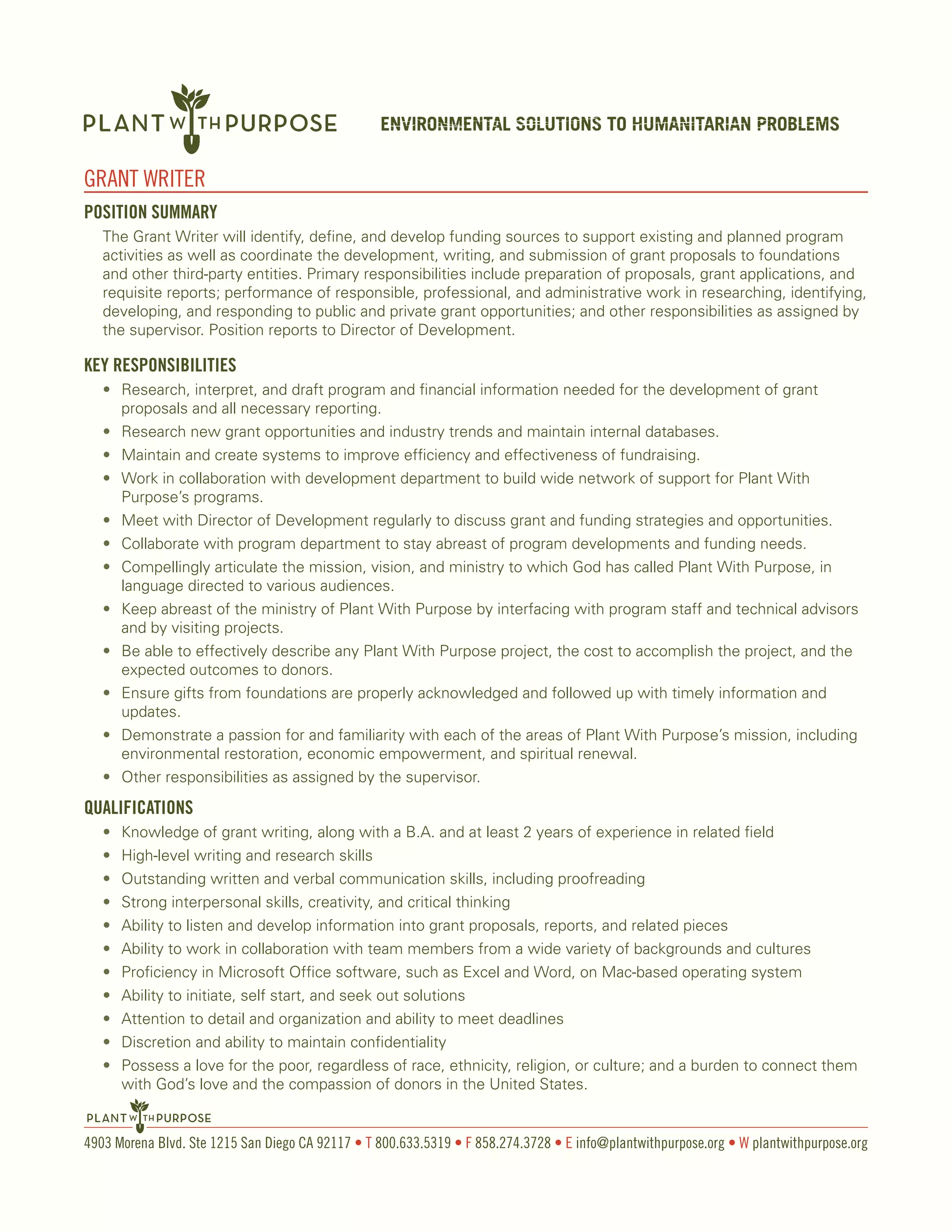 Grant Writer Job Description at Plant With Purpose | PDF | Freelance ...
