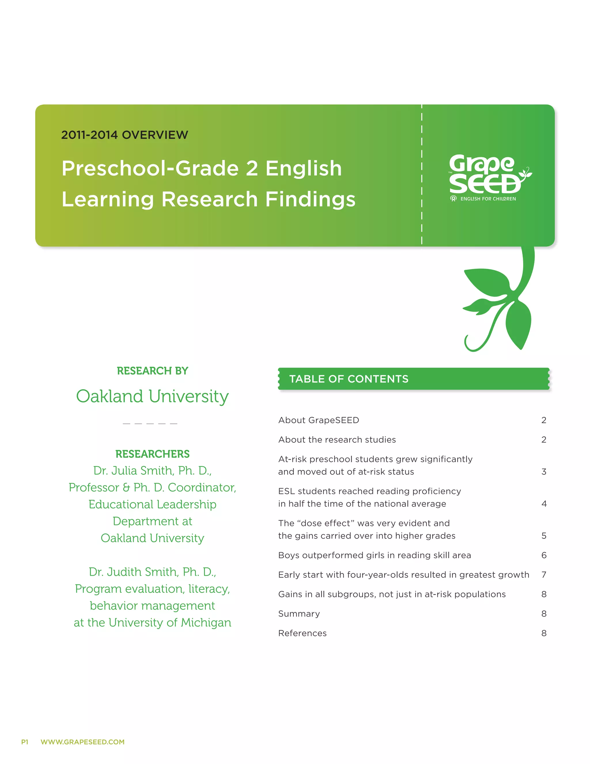 Preschool-Grade 2 English Learning Research Findings Overview | PDF