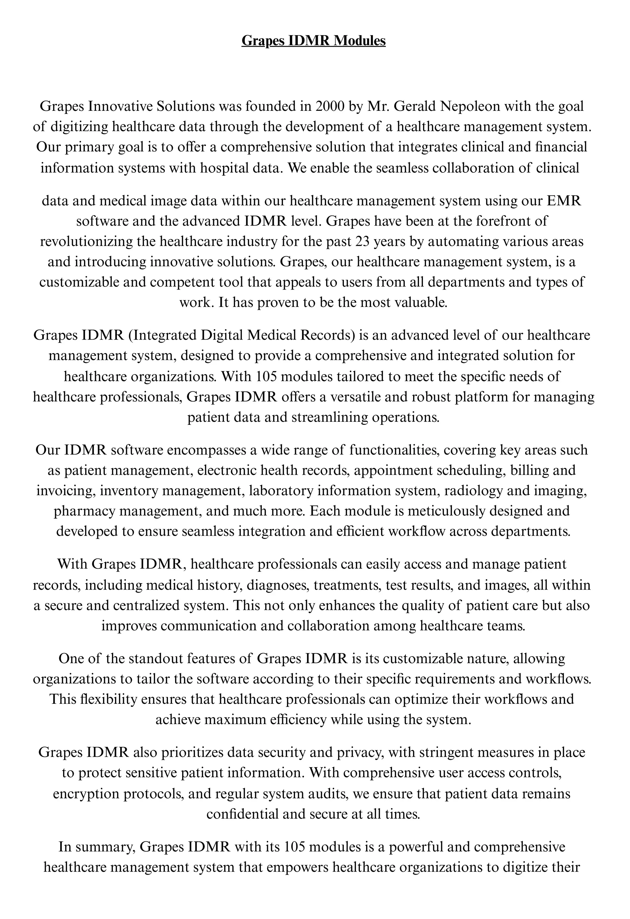 Grapes HMS | Grapes IDMR | Healthcare Management System | PDF