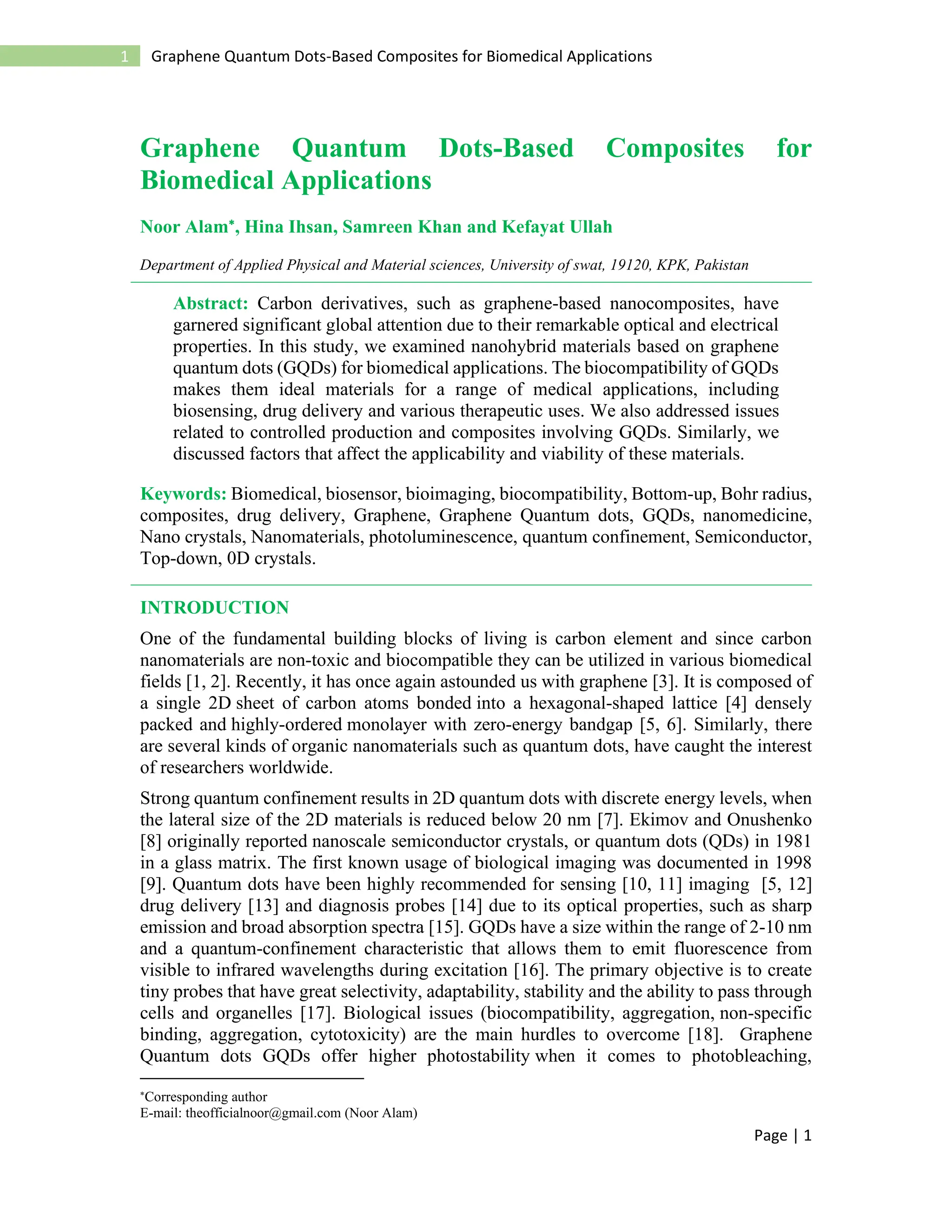 Graphene Quantum Dots-Based Composites for Biomedical Applications | PDF