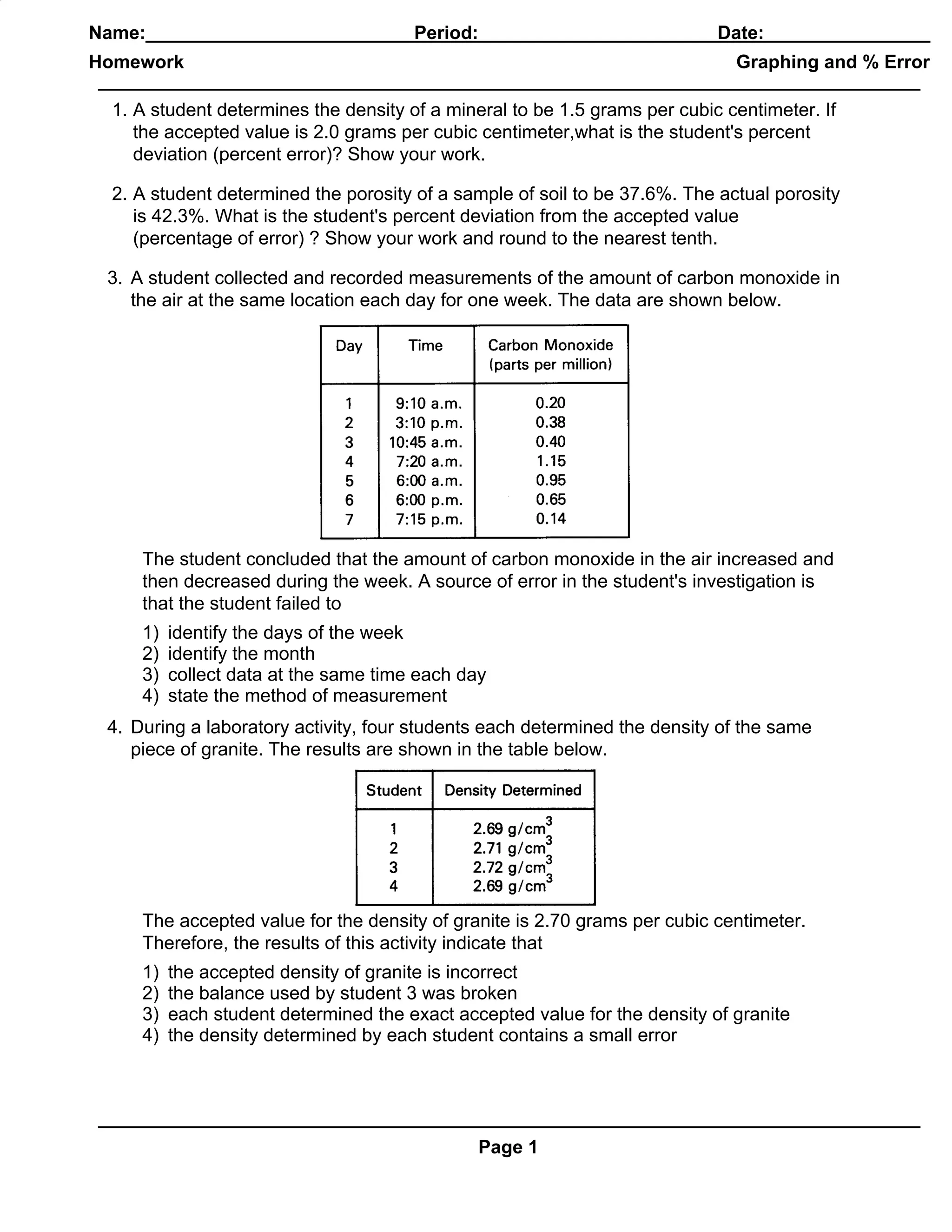 Graphing and percent error student's copy | PDF