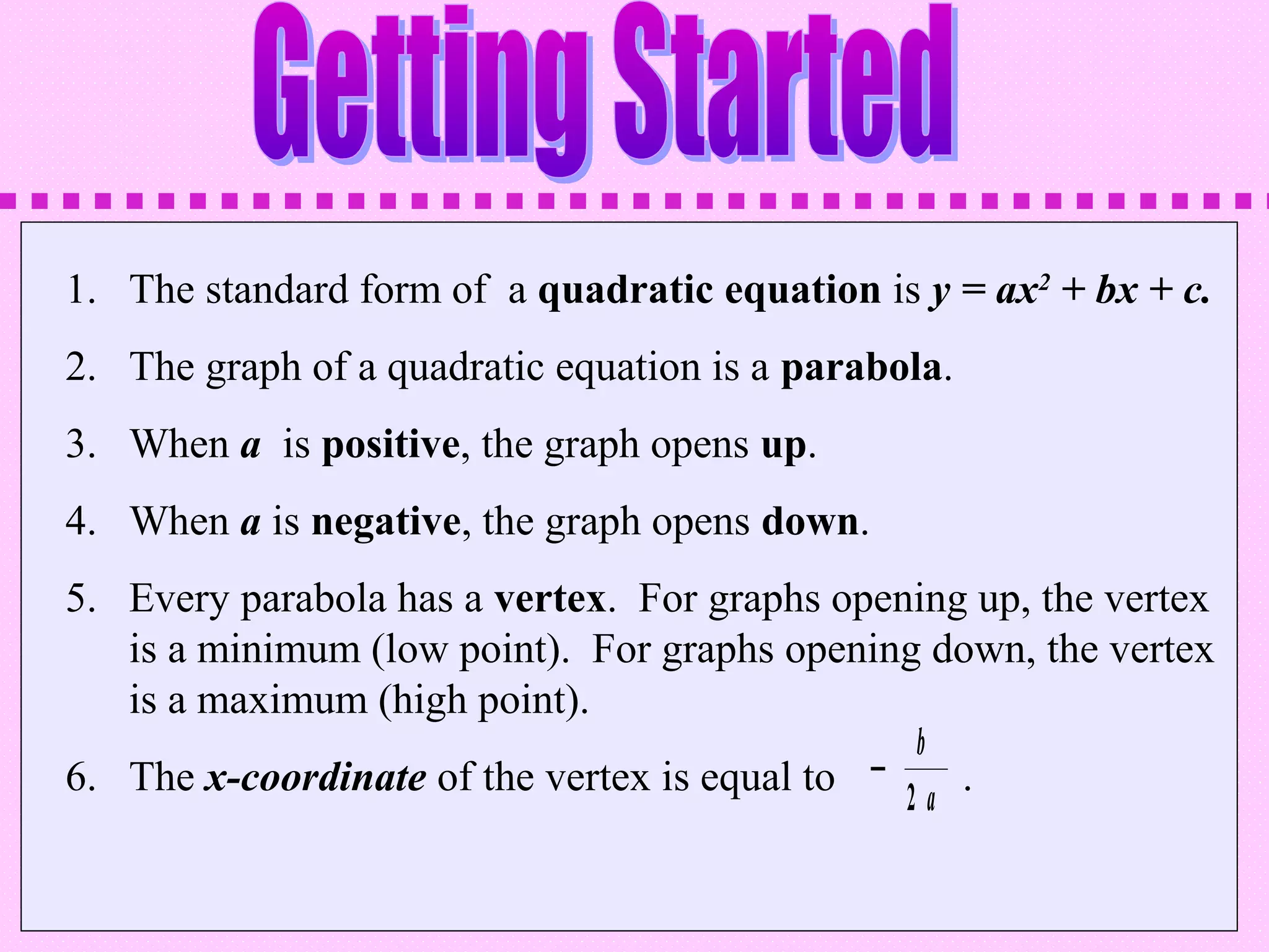 Graphing quadratic equations | PPT
