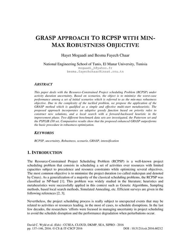 Grasp approach to rcpsp with min max robustness objective | PDF