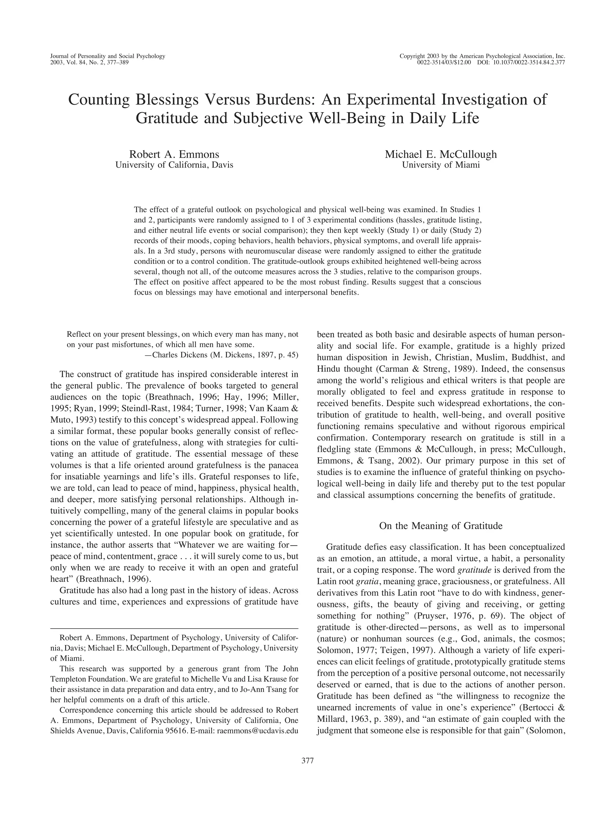 Gratitude, investigación de Robert Emmons | PDF