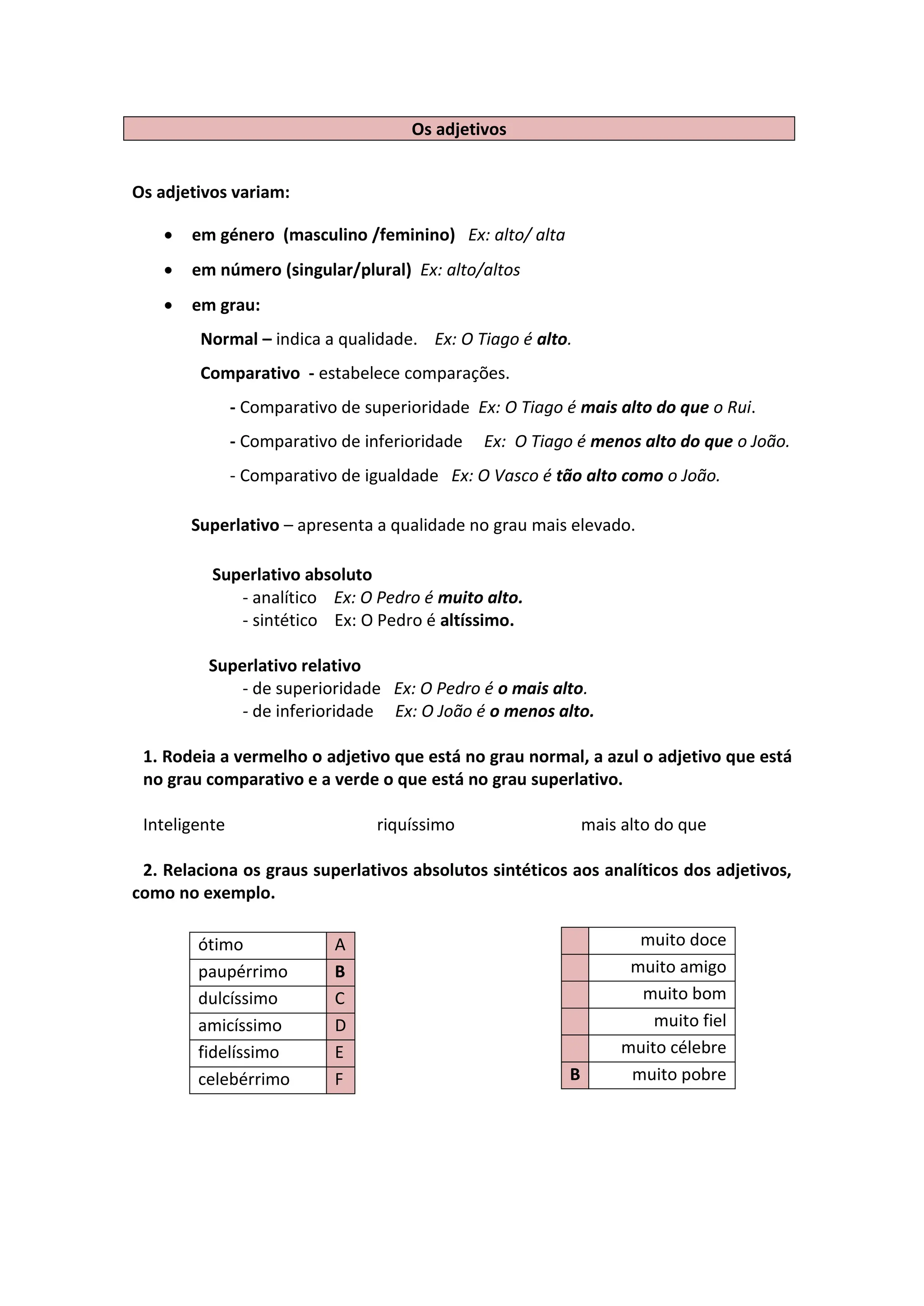 Ficha sobre o Grau dos adjetivos para o quarto ano | DOCX