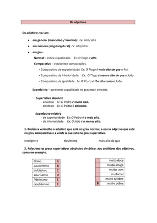 Grau dos adjetivos- Ficha de trabalho de português | DOCX