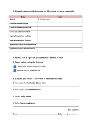 Grau dos adjetivos- Ficha de trabalho de português | DOCX