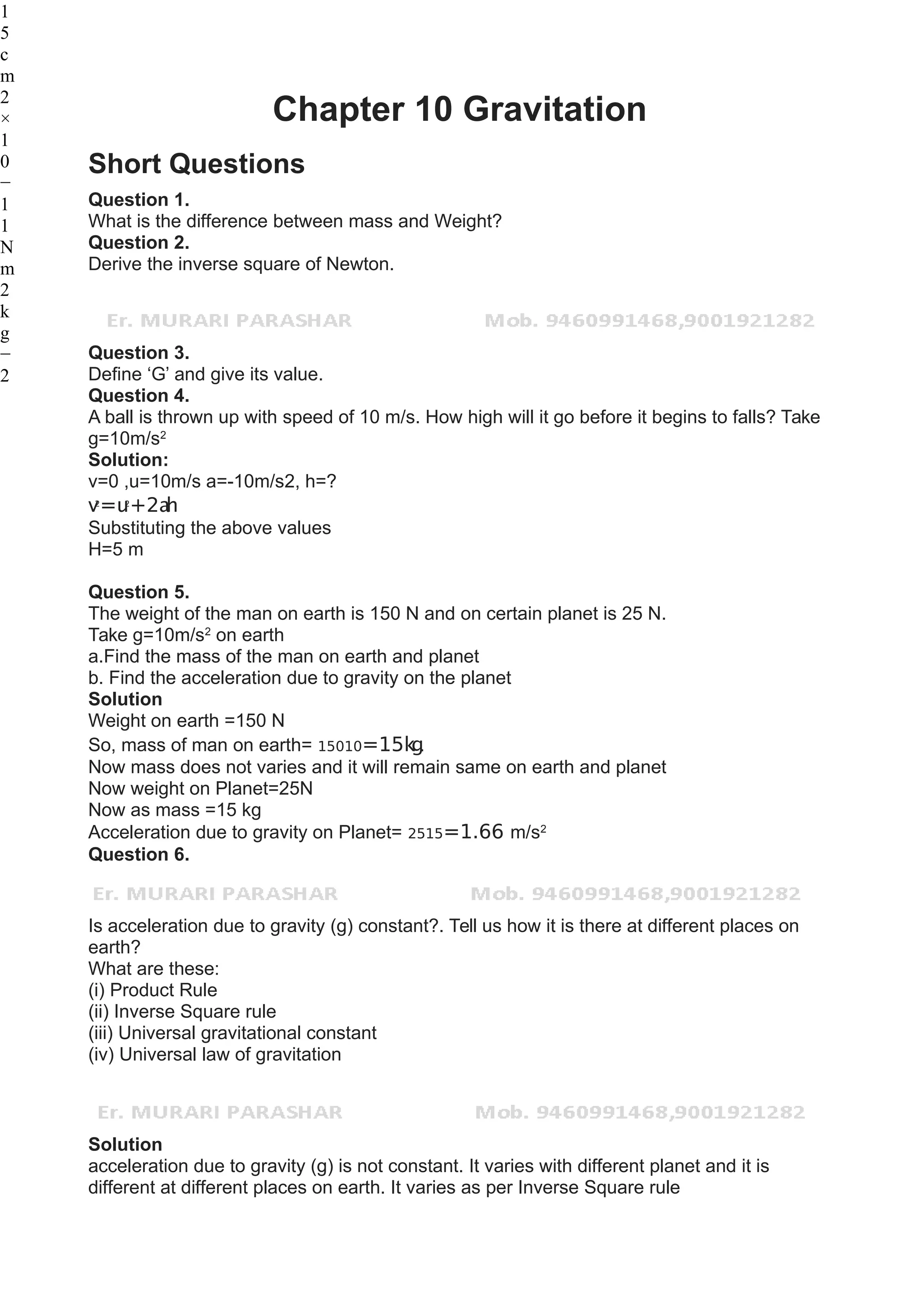 Gravitation numericals. Chapter 10 | PDF