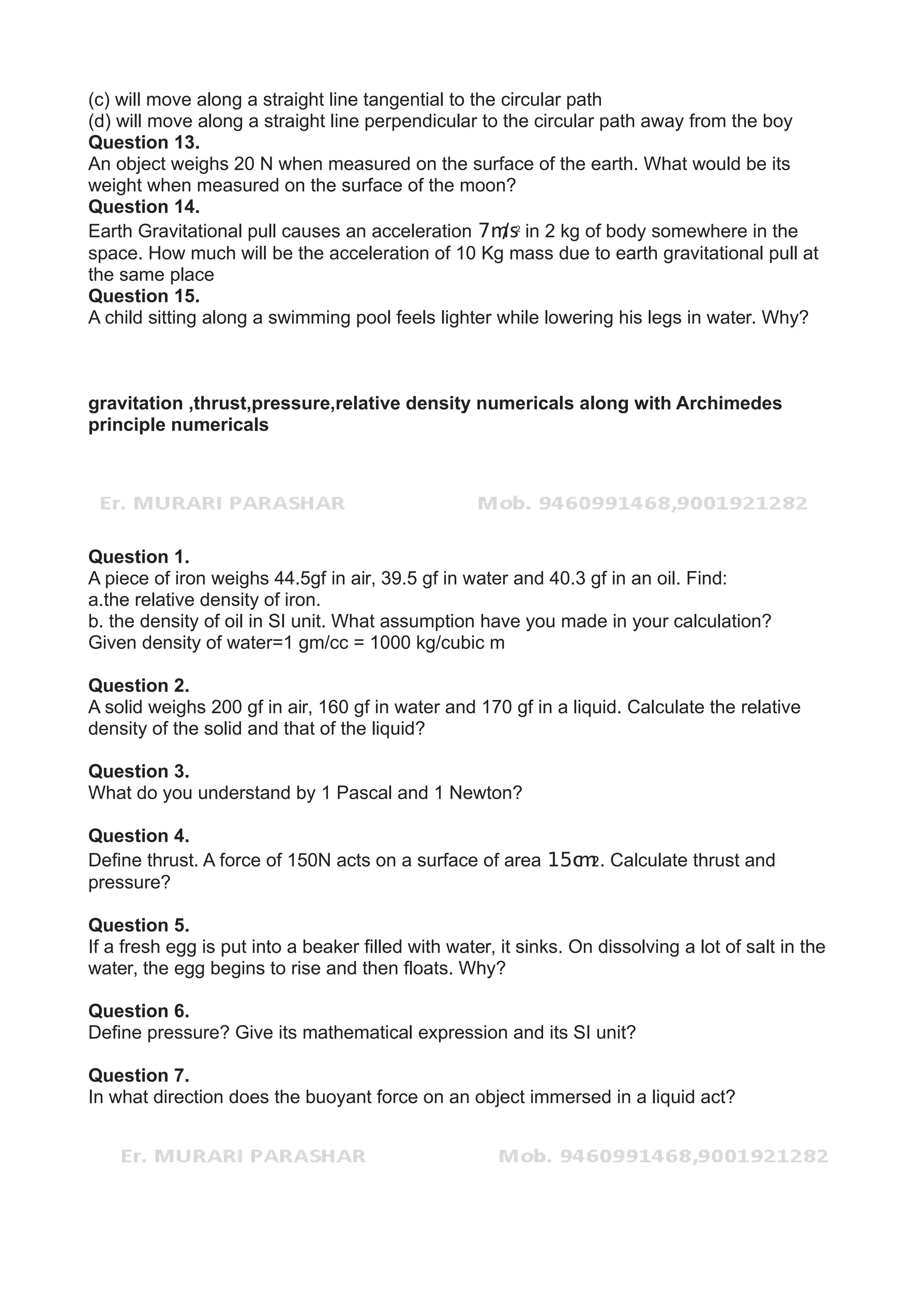 Gravitation numericals. Chapter 10 | PDF
