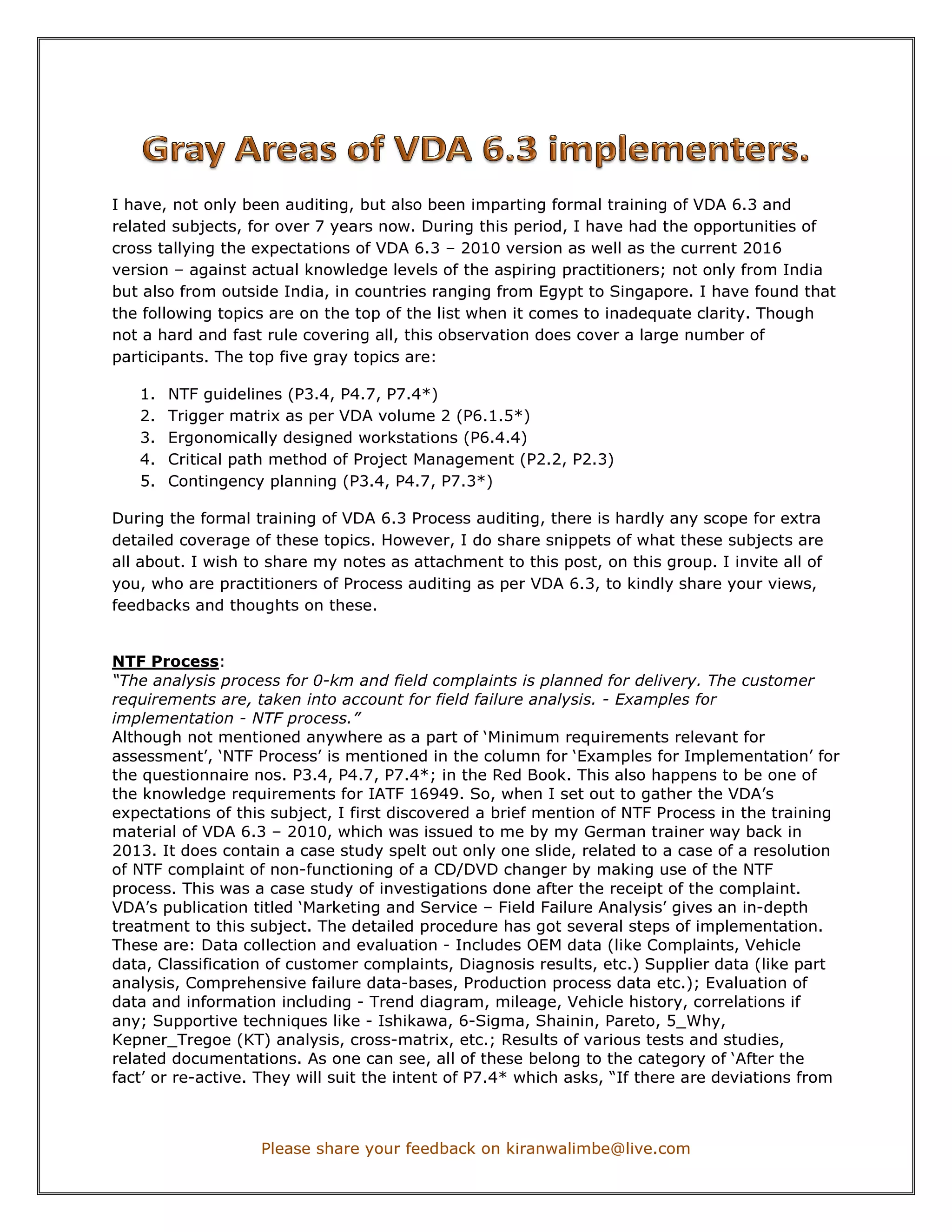 Gray areas of vda 6.3 process auditors | PDF
