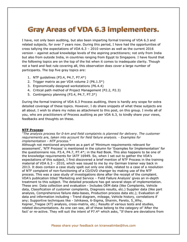 Gray areas of vda 6.3 process auditors | PDF