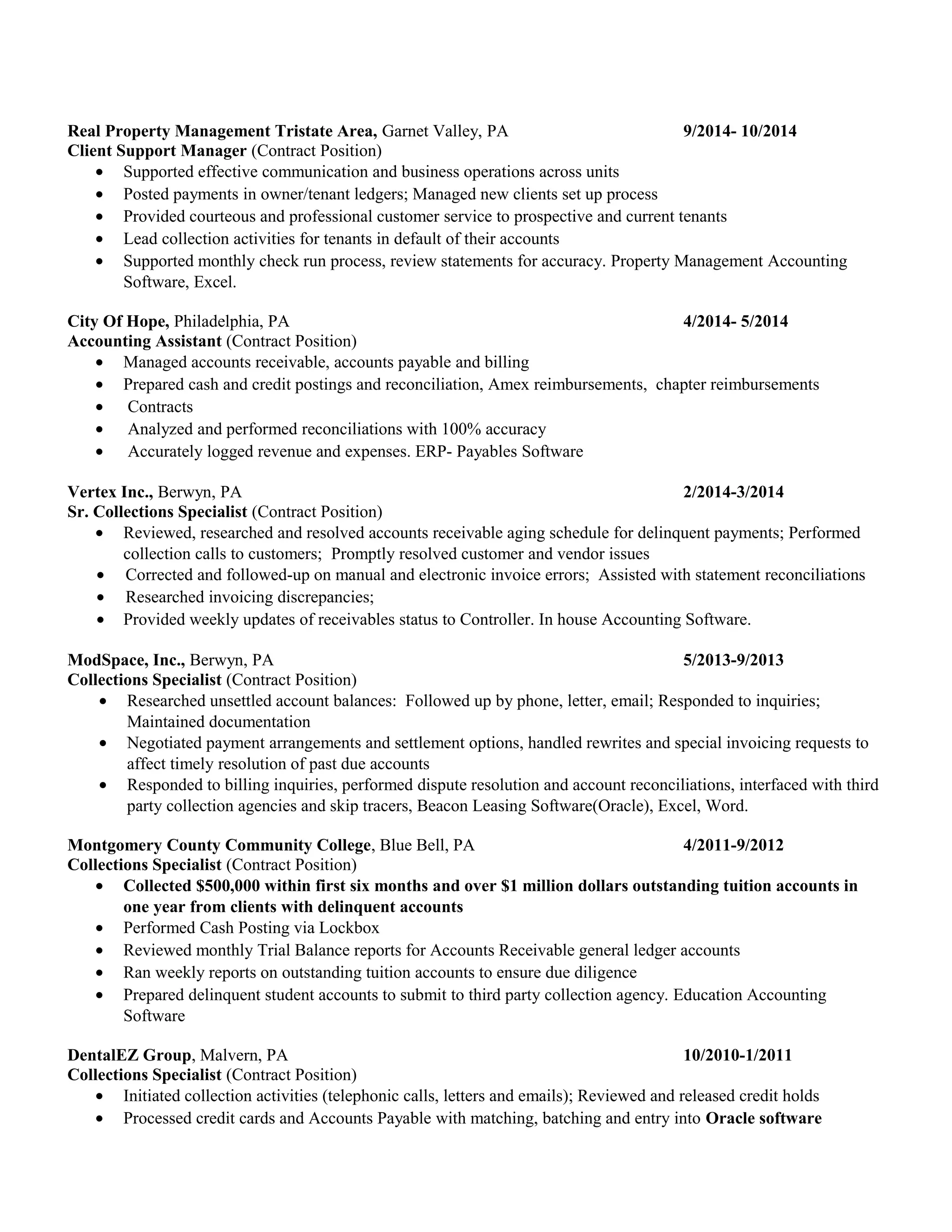 Accounting; Collections Specialist | DOC