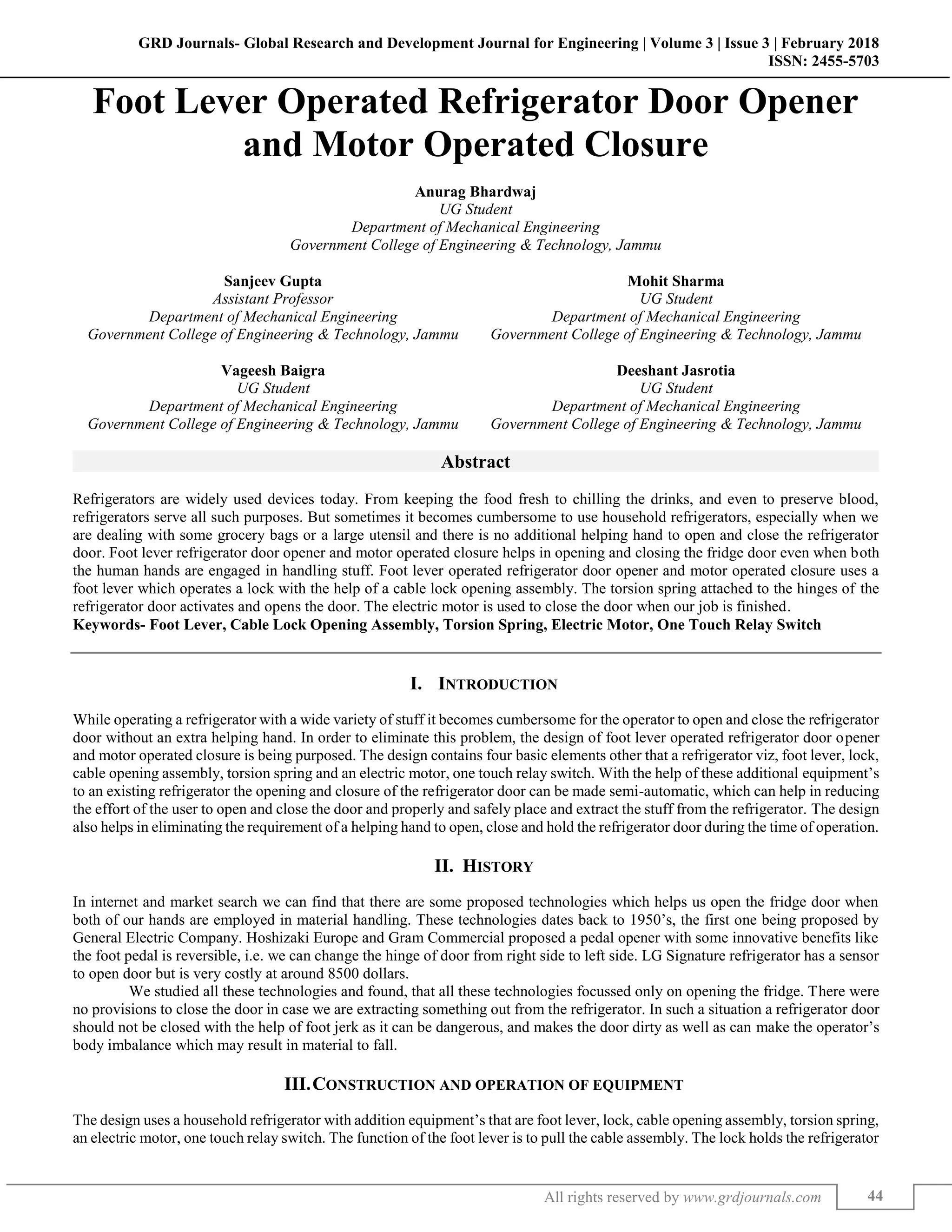 Foot Lever Operated Refrigerator Door Opener and Motor Operated Closure ...