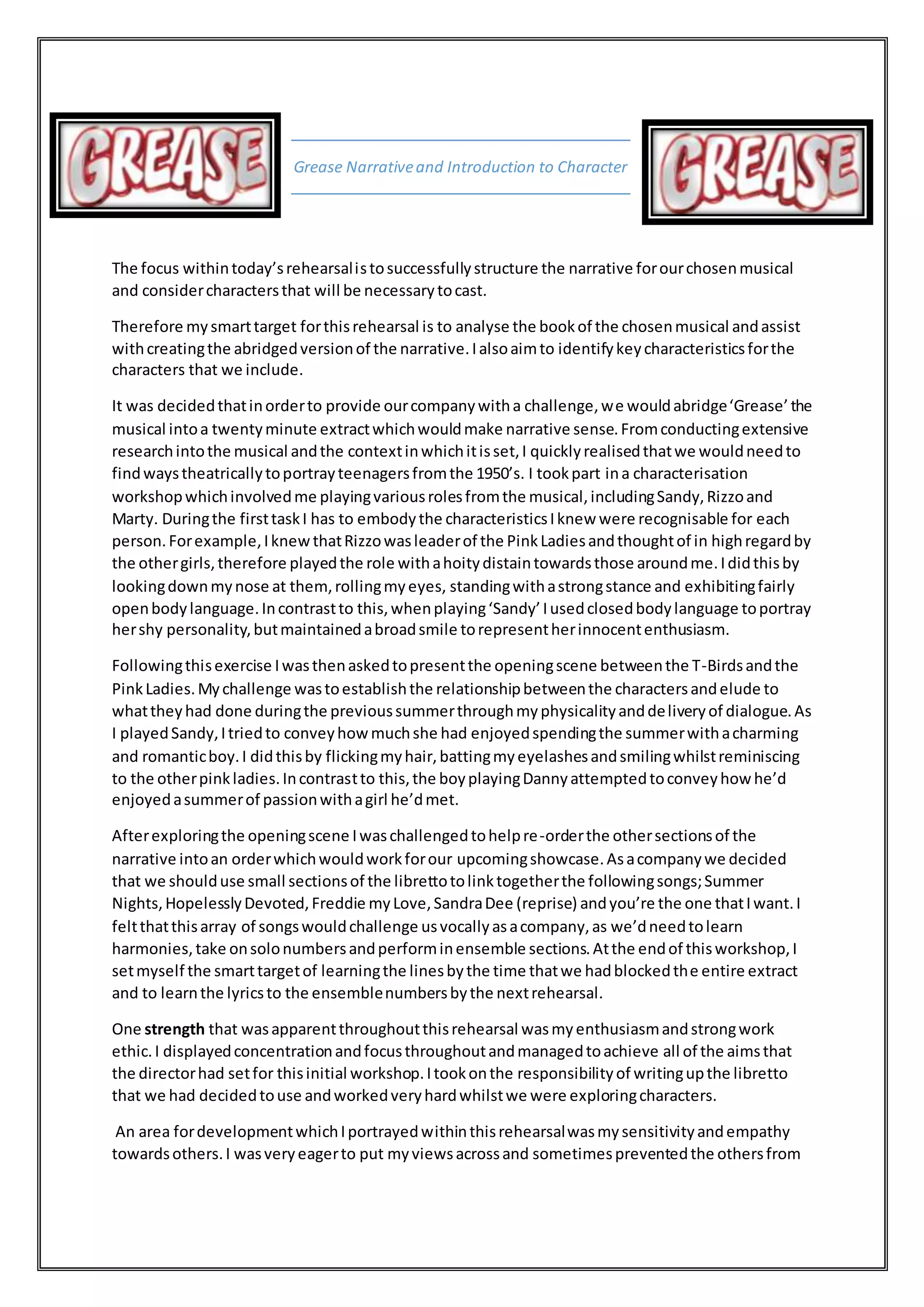 Grease Narrative and Introduction to Character | DOCX | Musicals | Genres