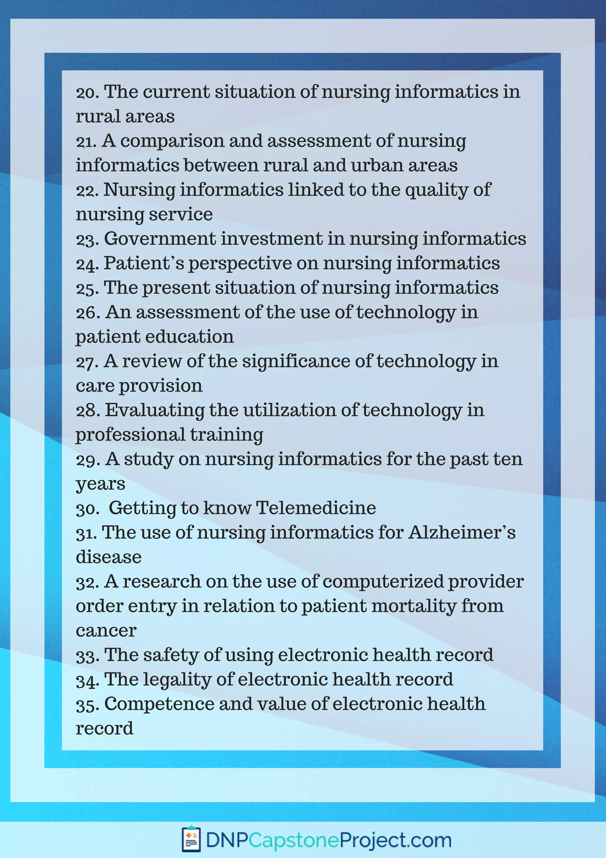 50 Eye-Catchy Nursing Informatics Capstone Project Ideas | PDF