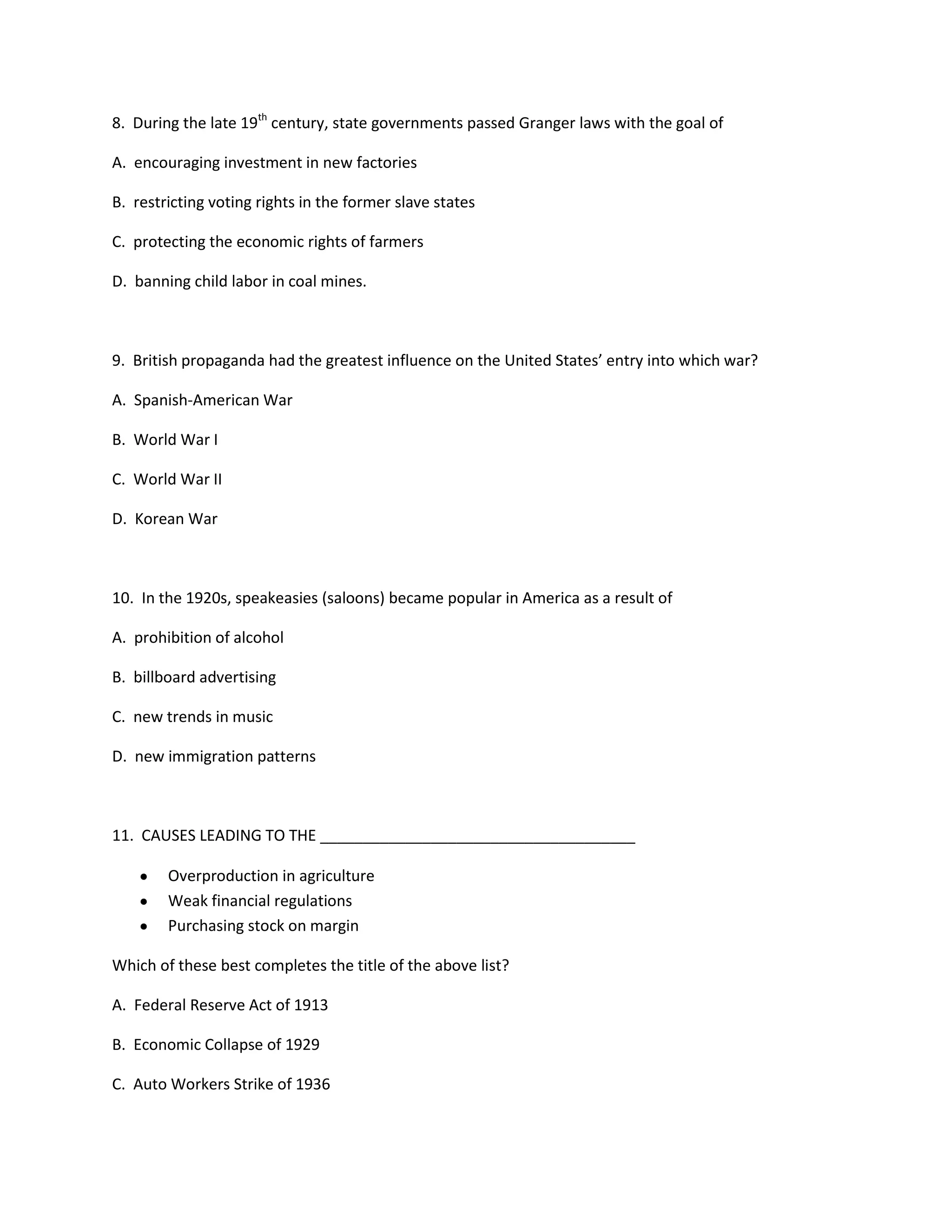 Great depression and roaring 20s quiz revised 2013 | PDF
