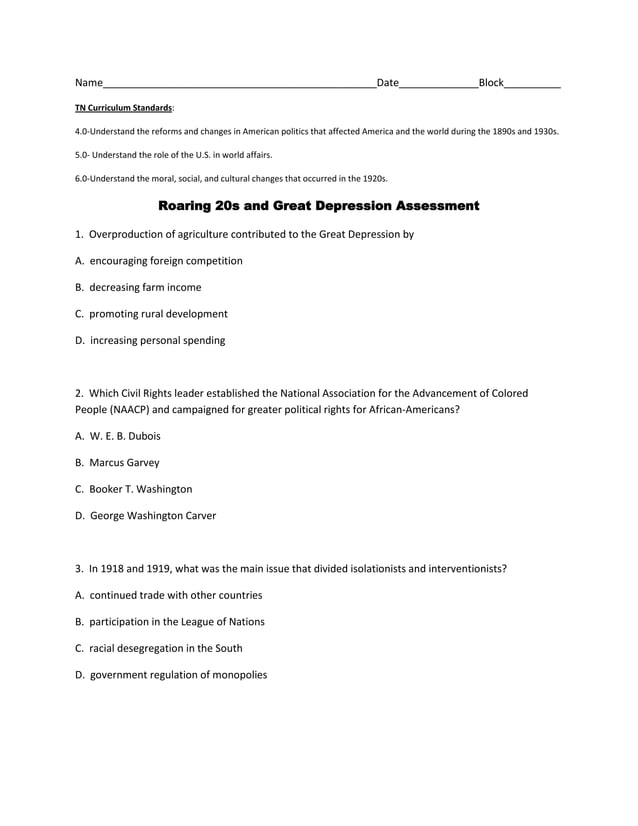 Great depression and roaring 20s quiz revised 2013 | PDF | Free Download
