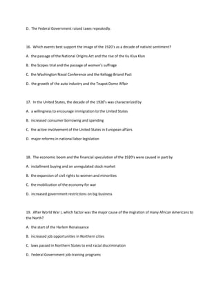 Great depression and roaring 20s quiz revised 2013 | PDF