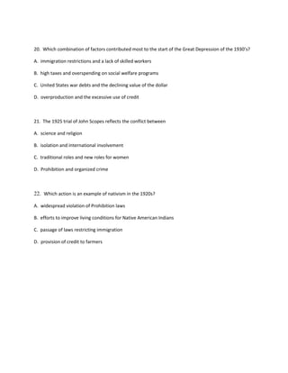 Great depression and roaring 20s quiz revised 2013 | PDF