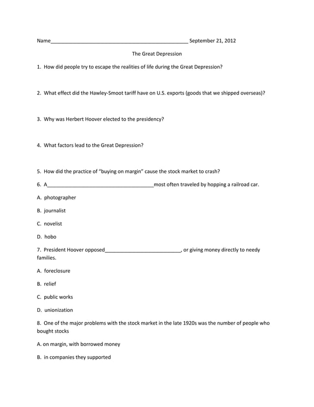 Great depression quiz | PDF
