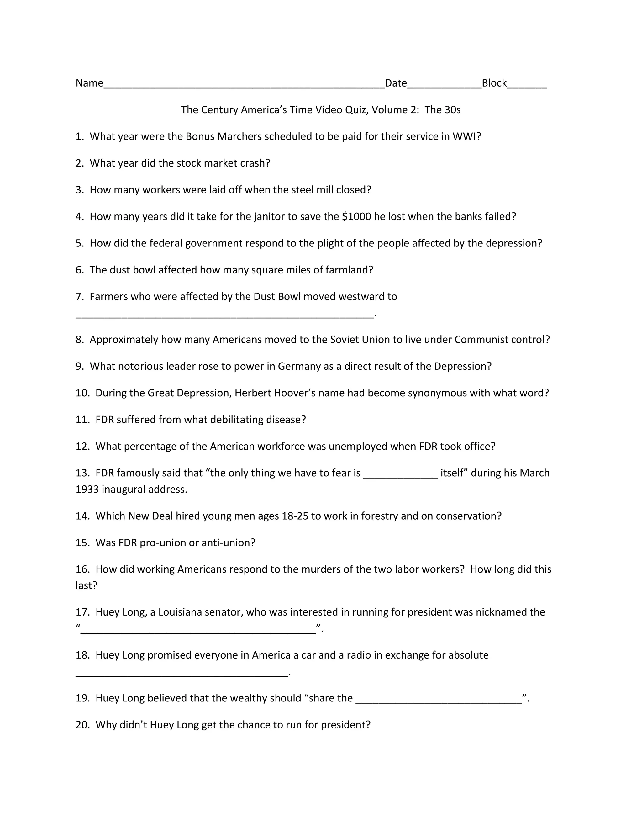 Great depression video quiz the century episode the 30s | DOCX