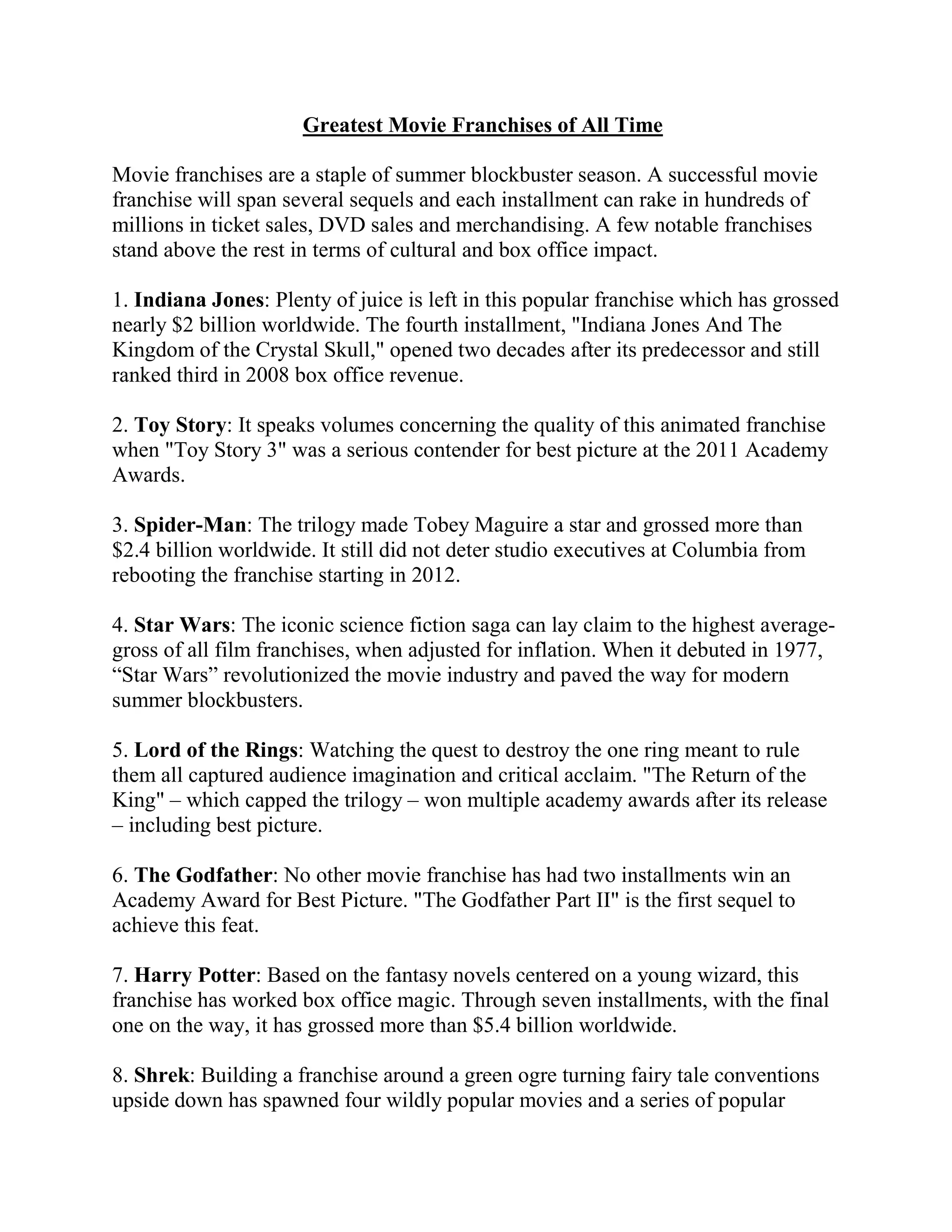 Greatest movie franchises of all time | PDF