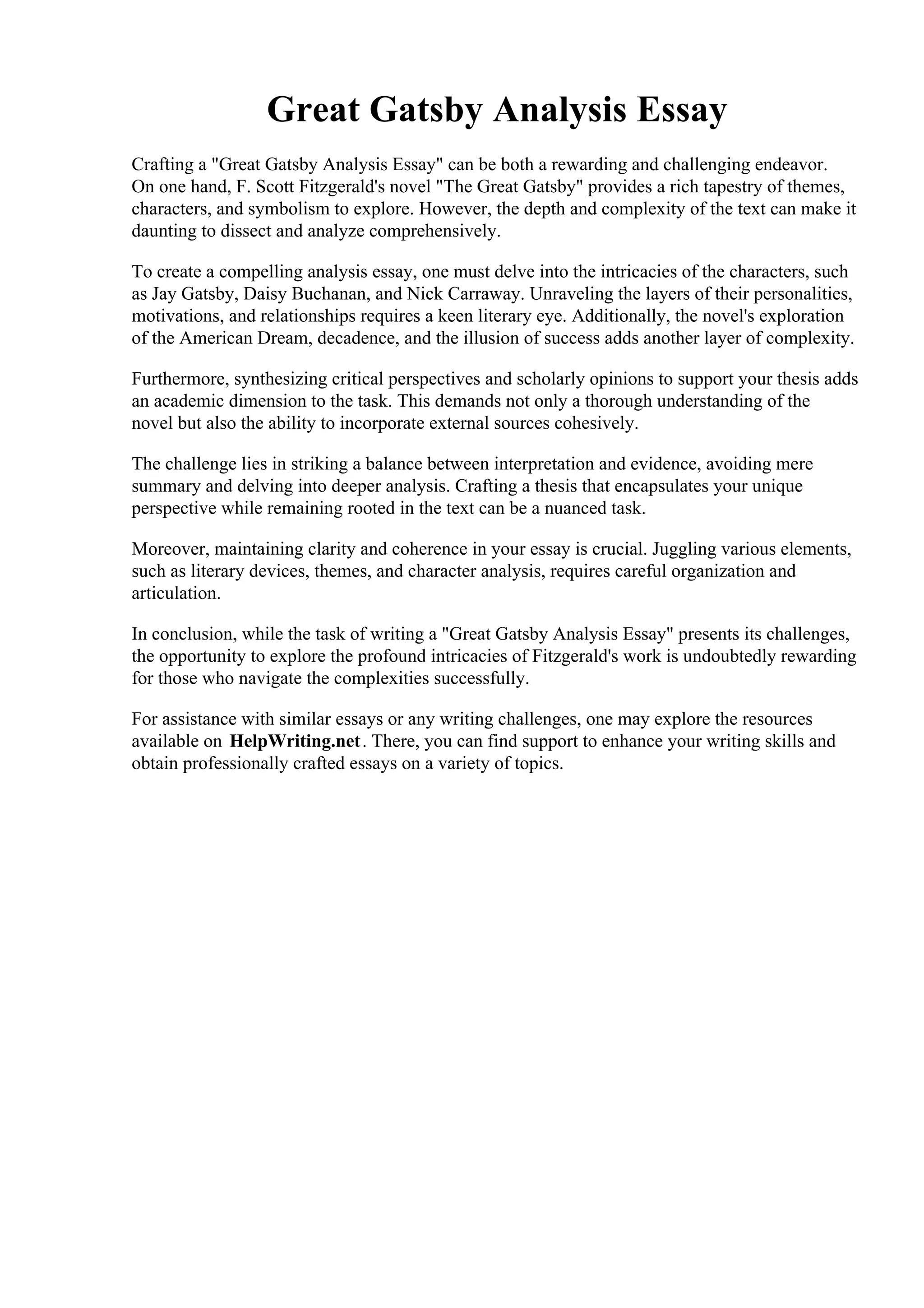 Great Gatsby Analysis Essay. Great gatsby essays on gatsby | PDF