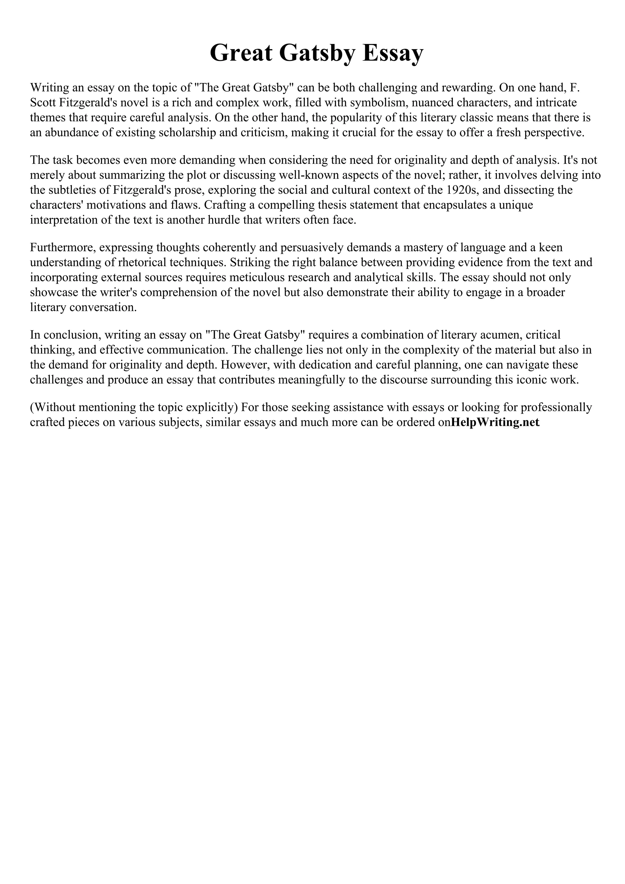 Great Gatsby Essay | PDF