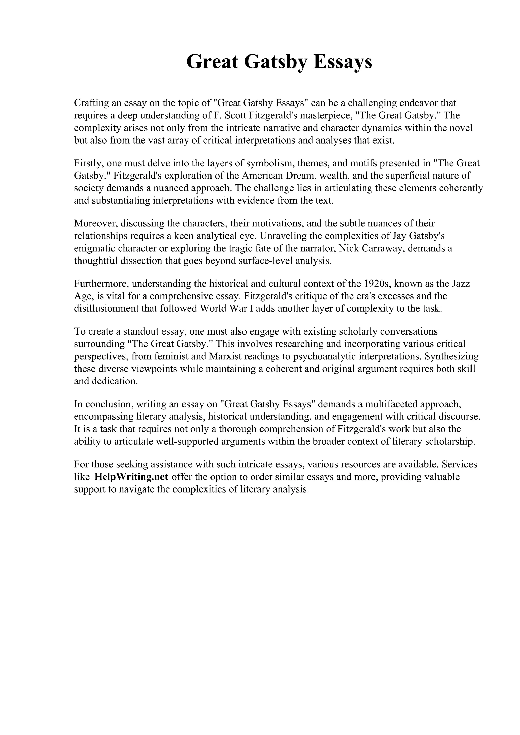 Great Gatsby Essays. Creighton University | PDF