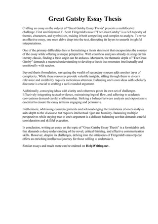 Great Gatsby Essay Thesis. The Great Gatsby Synthesis Essay | PDF