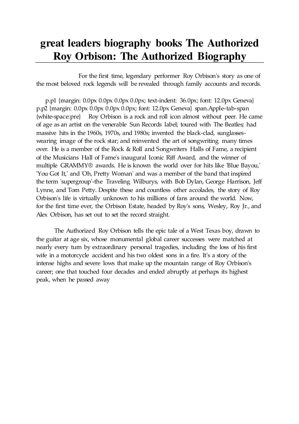 great leaders biography books The Authorized Roy Orbison: The ...