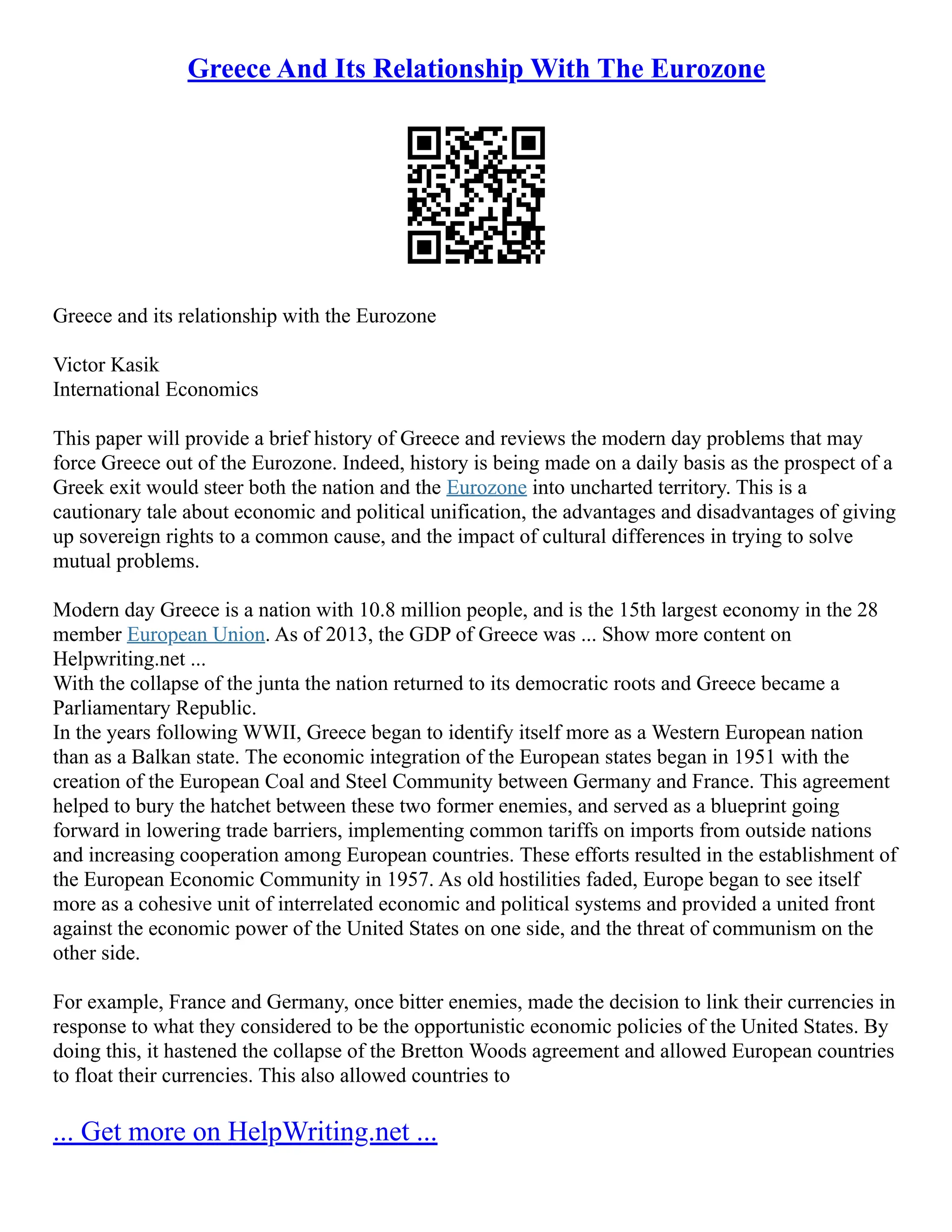 Greece And Its Relationship With The Eurozone | PDF