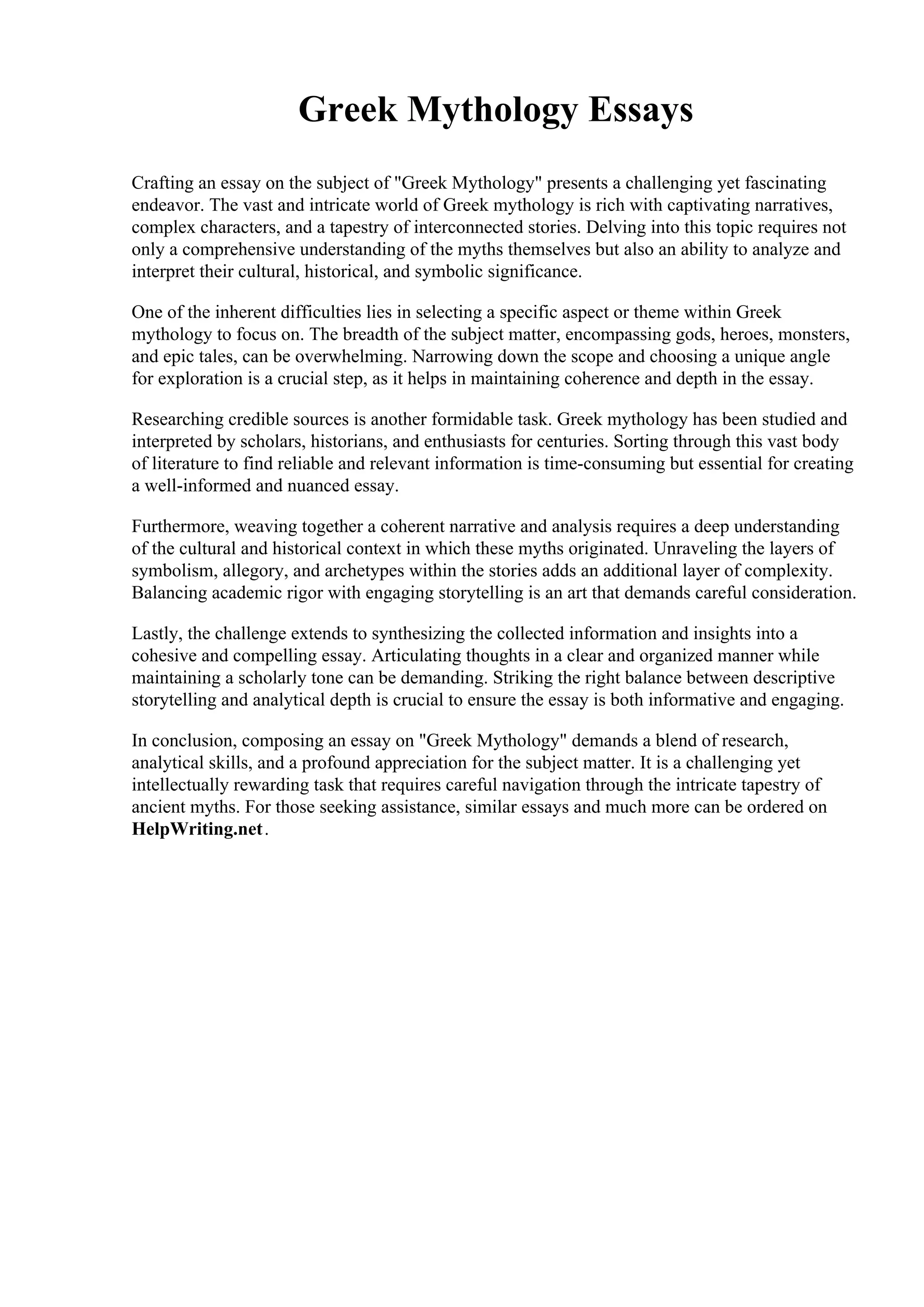 Greek Mythology Essays. Shawnee State University | PDF