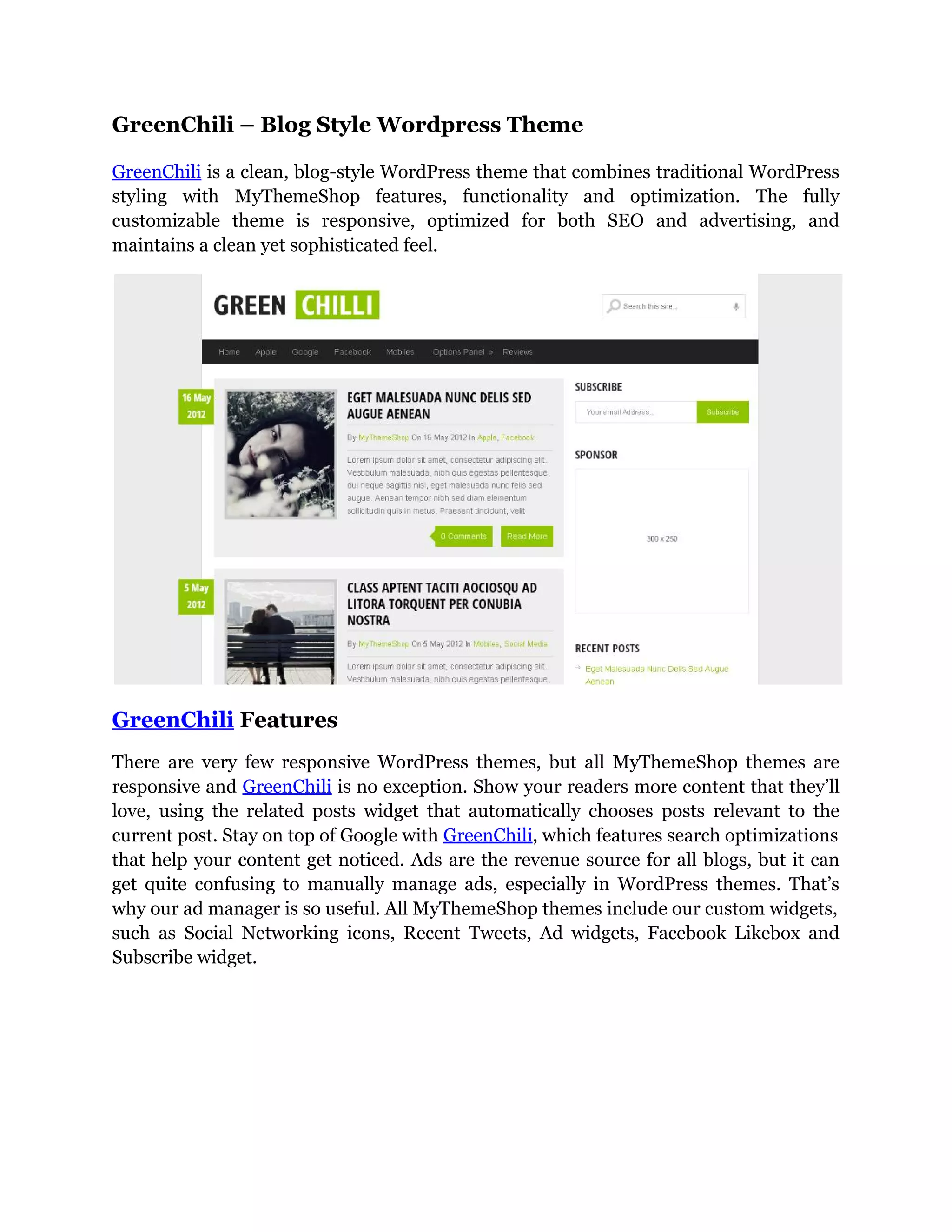 Green chili blog style wordpress theme | PDF