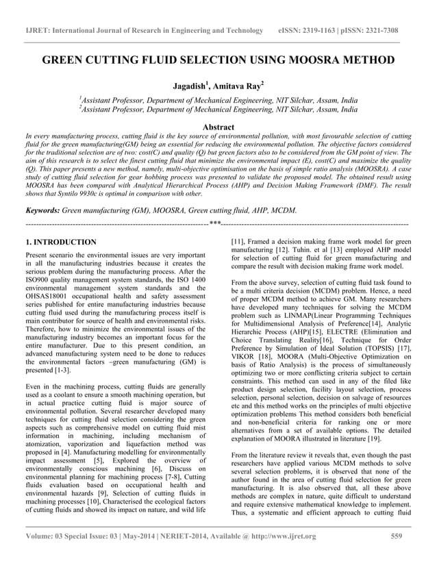 Green cutting fluid selection using moosra method | PDF