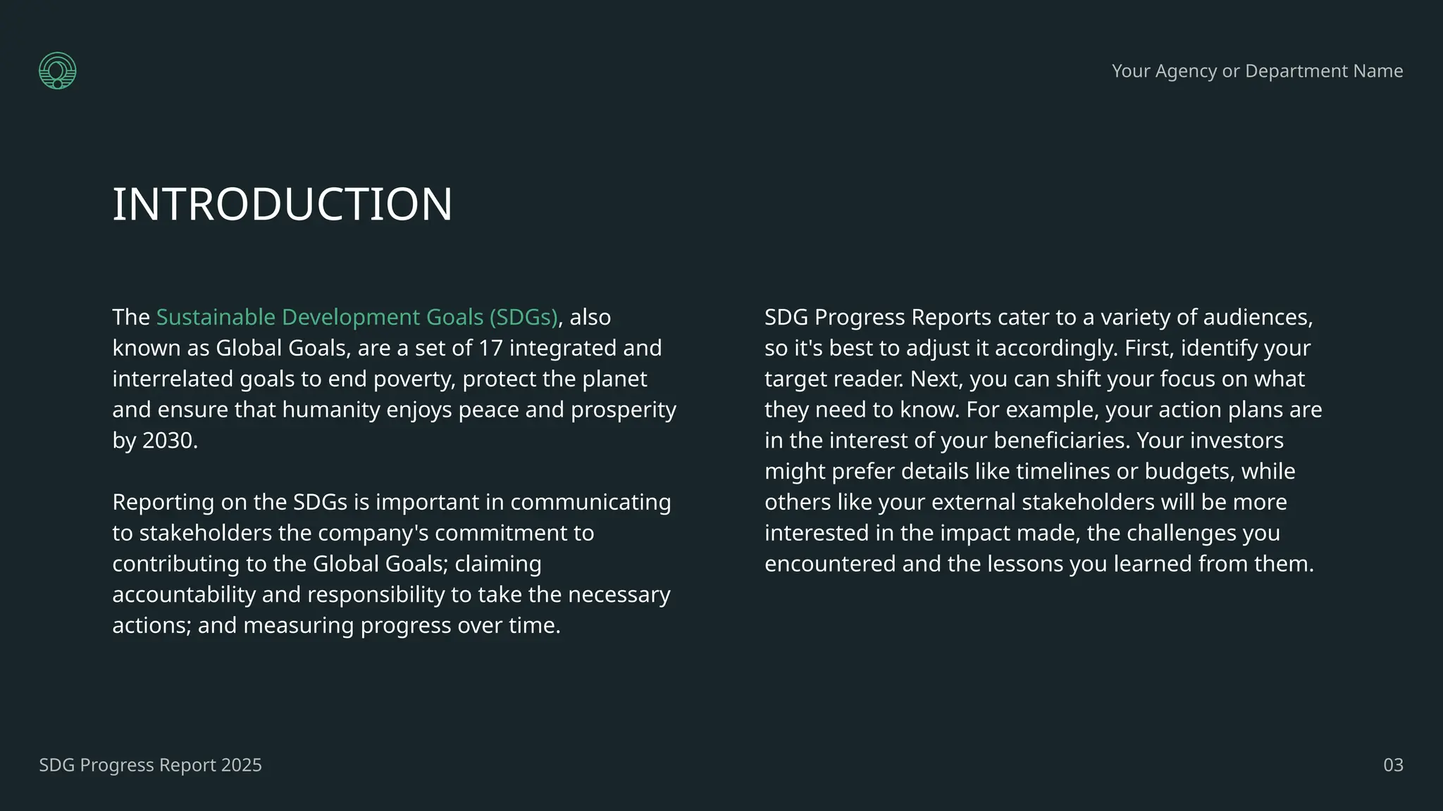 Green Dark Professional Government Progress Report Sustainable Development Goals Presentation.pptx