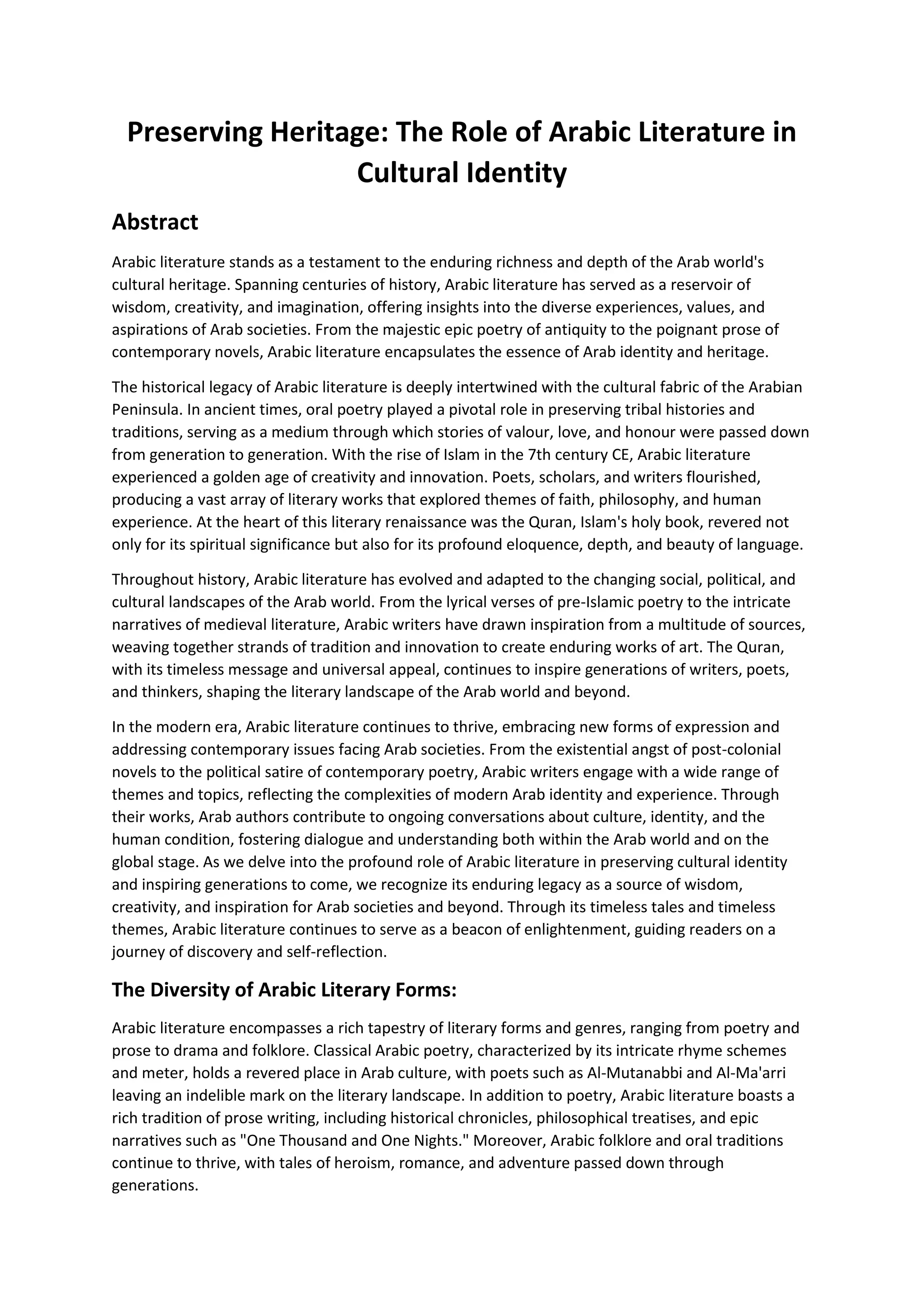 Preserving Heritage: The Role of Arabic Literature in Cultural Identity | PDF