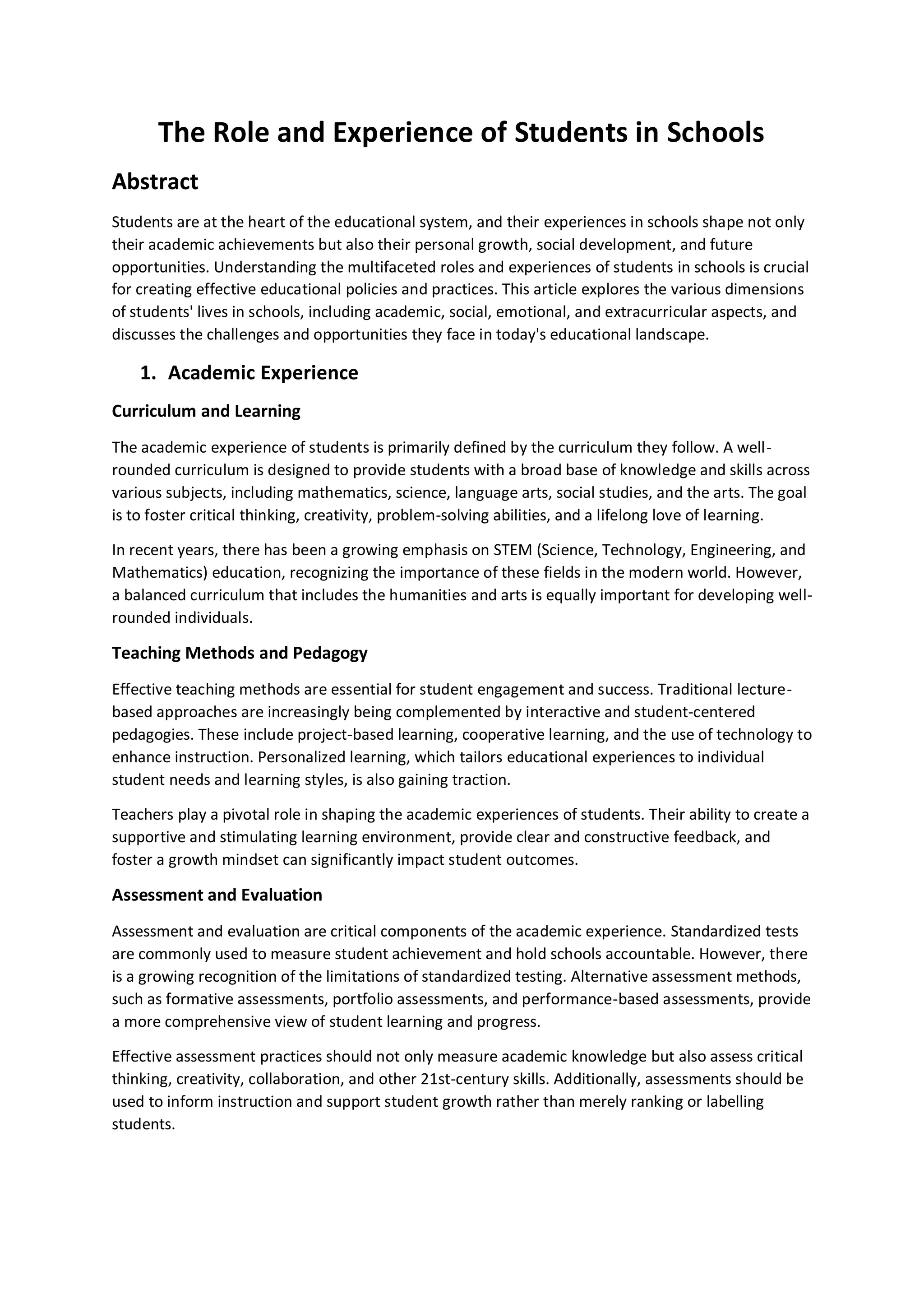 The Role and Experience of Students in Schools | PDF