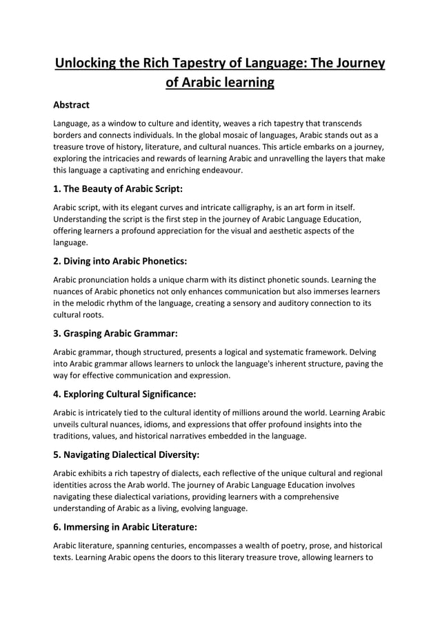 Unlocking the Rich Tapestry of Language: The Journey of Arabic learning | PDF