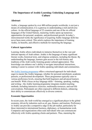 The Importance of Arabic Learning: Unlocking Language and Culture | PDF