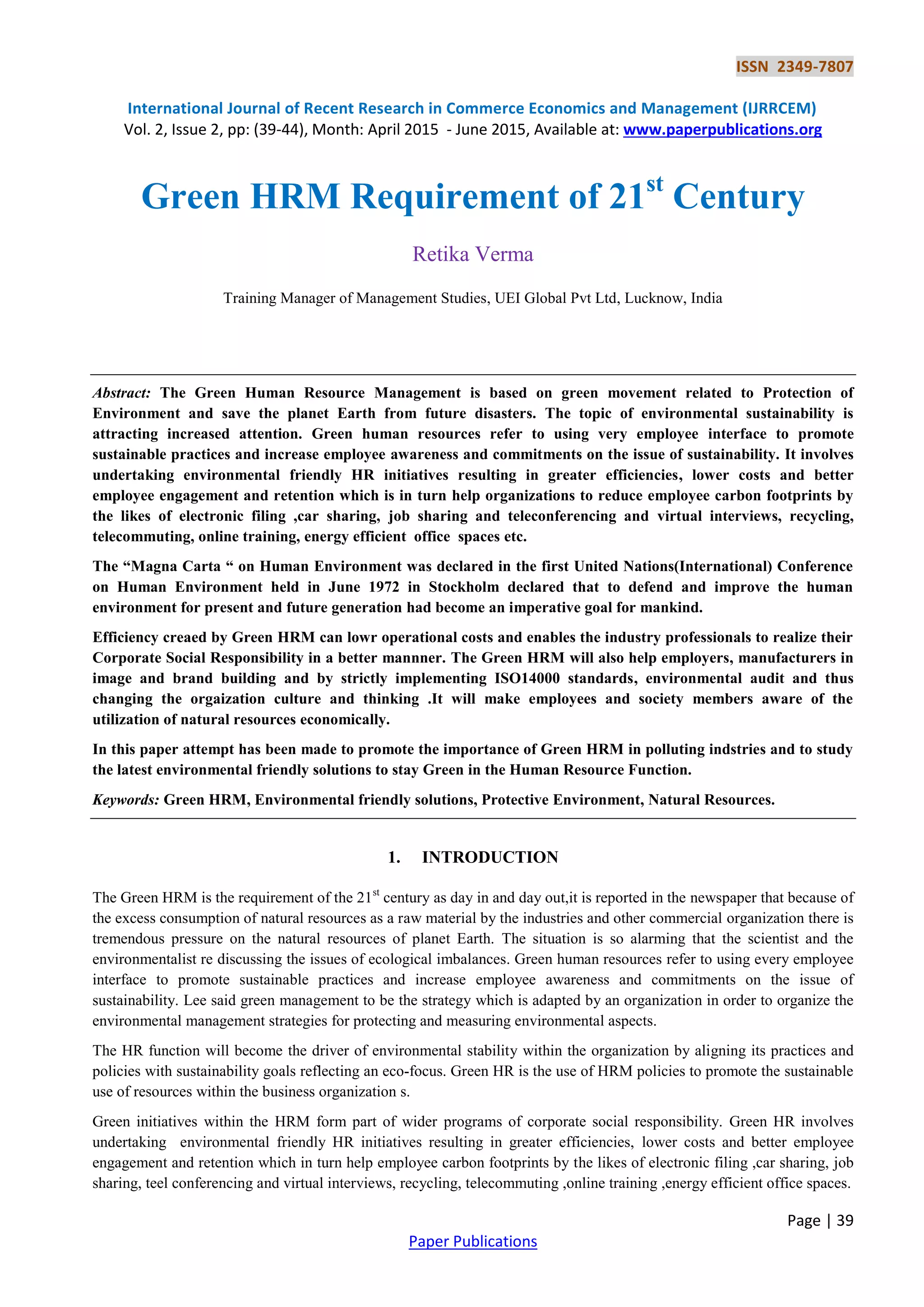 Green HRM Requirement of 21st Century | PDF