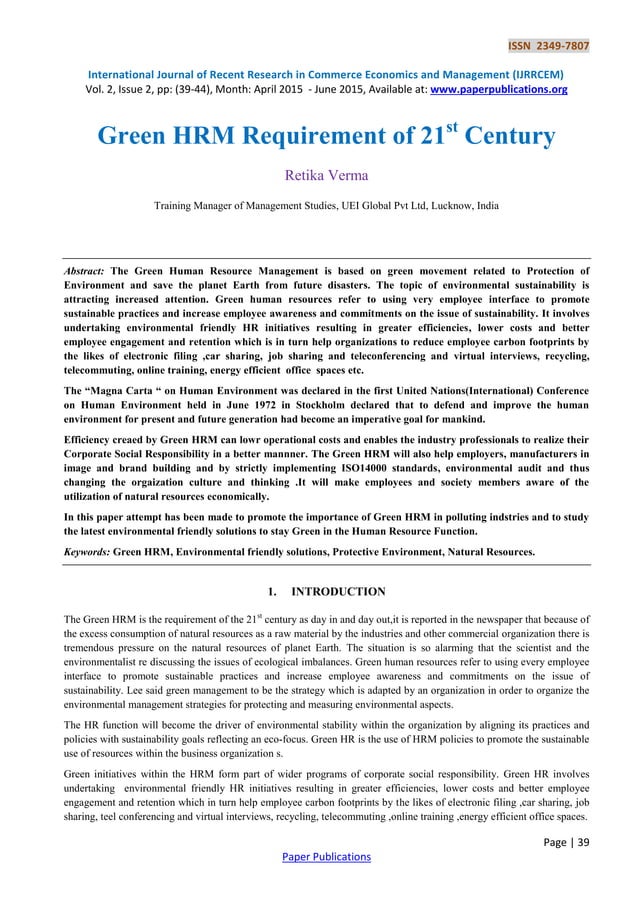 Green HRM Requirement of 21st Century | PDF