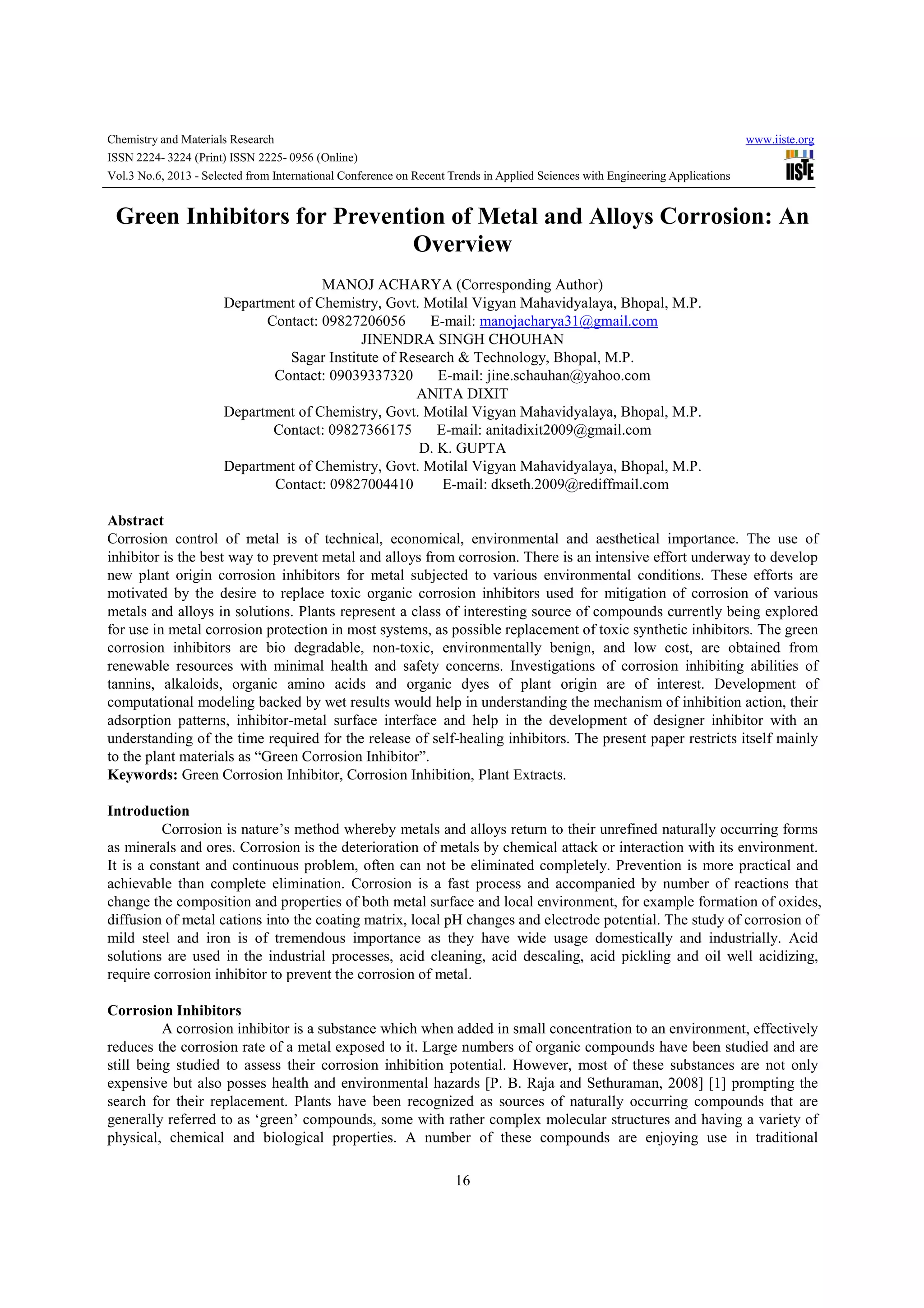 Green inhibitors for prevention of metal and alloys corrosion， an ...