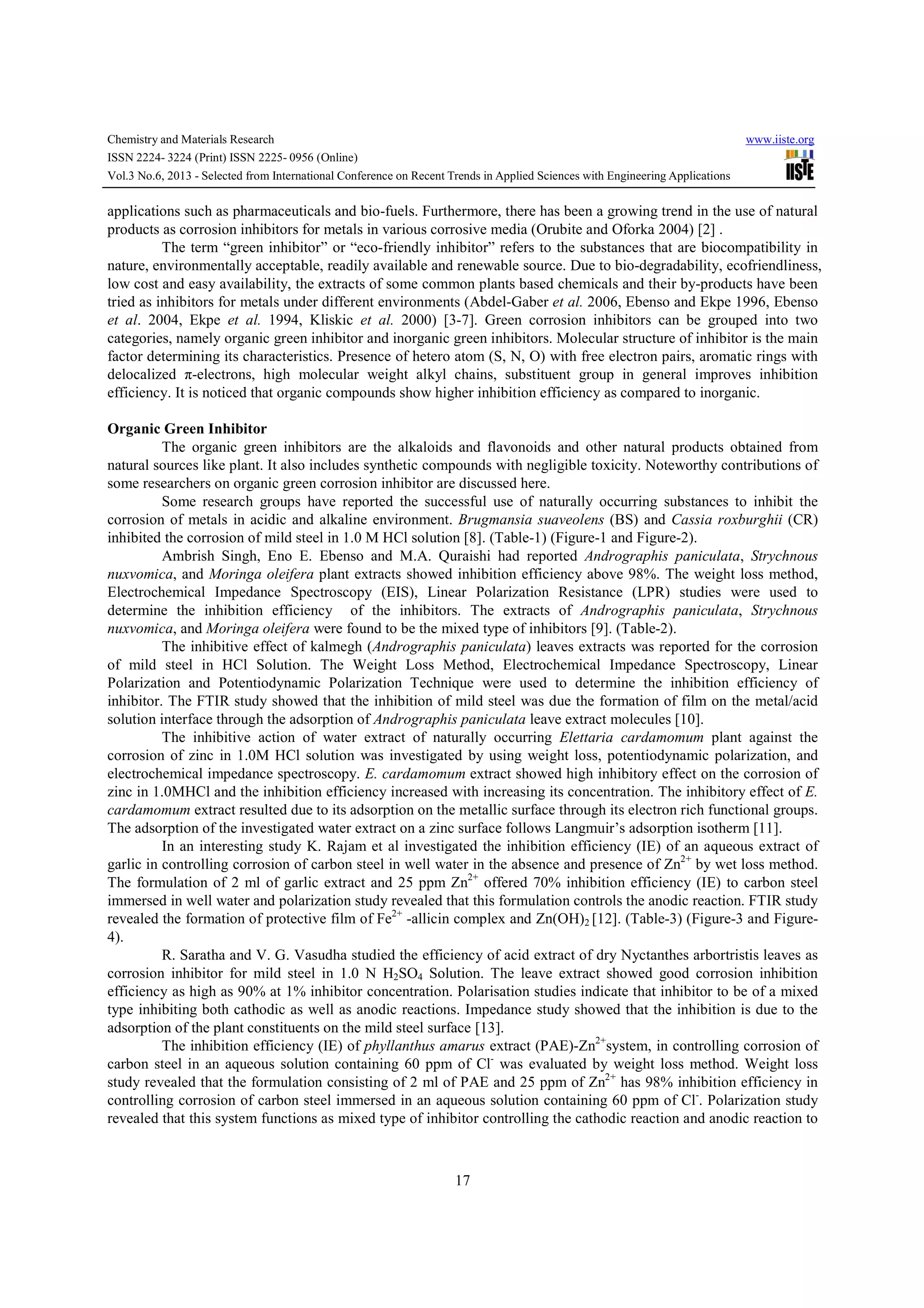 Green inhibitors for prevention of metal and alloys corrosion， an overview | PDF