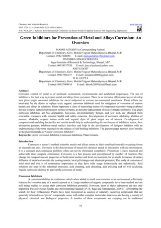 Green inhibitors for prevention of metal and alloys corrosion， an overview | PDF