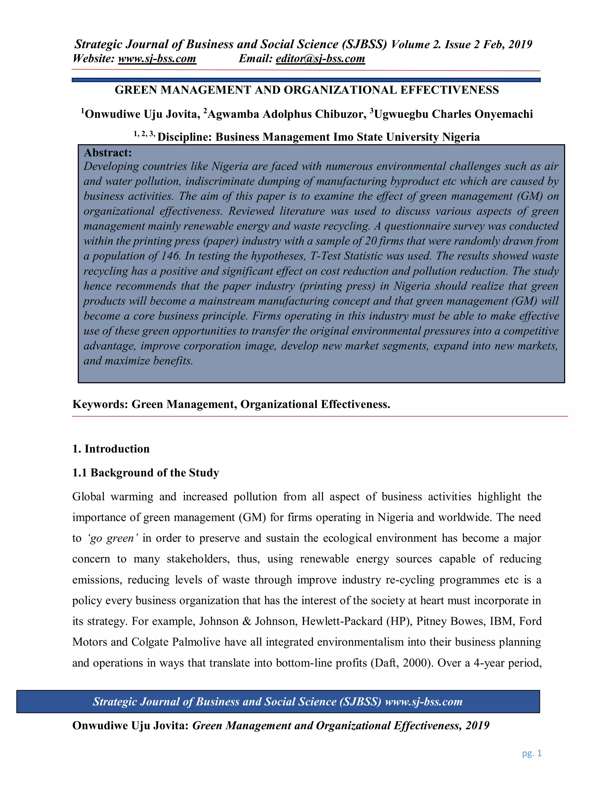 Green management and organizational effectiveness sjbss | PDF